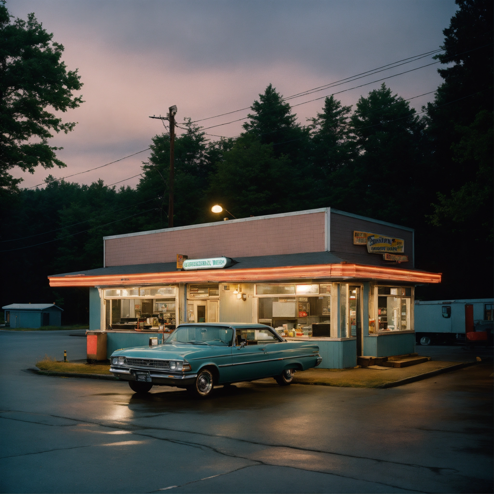 Lexica - A photograph of a Diner with one car parked in the parking lot ...