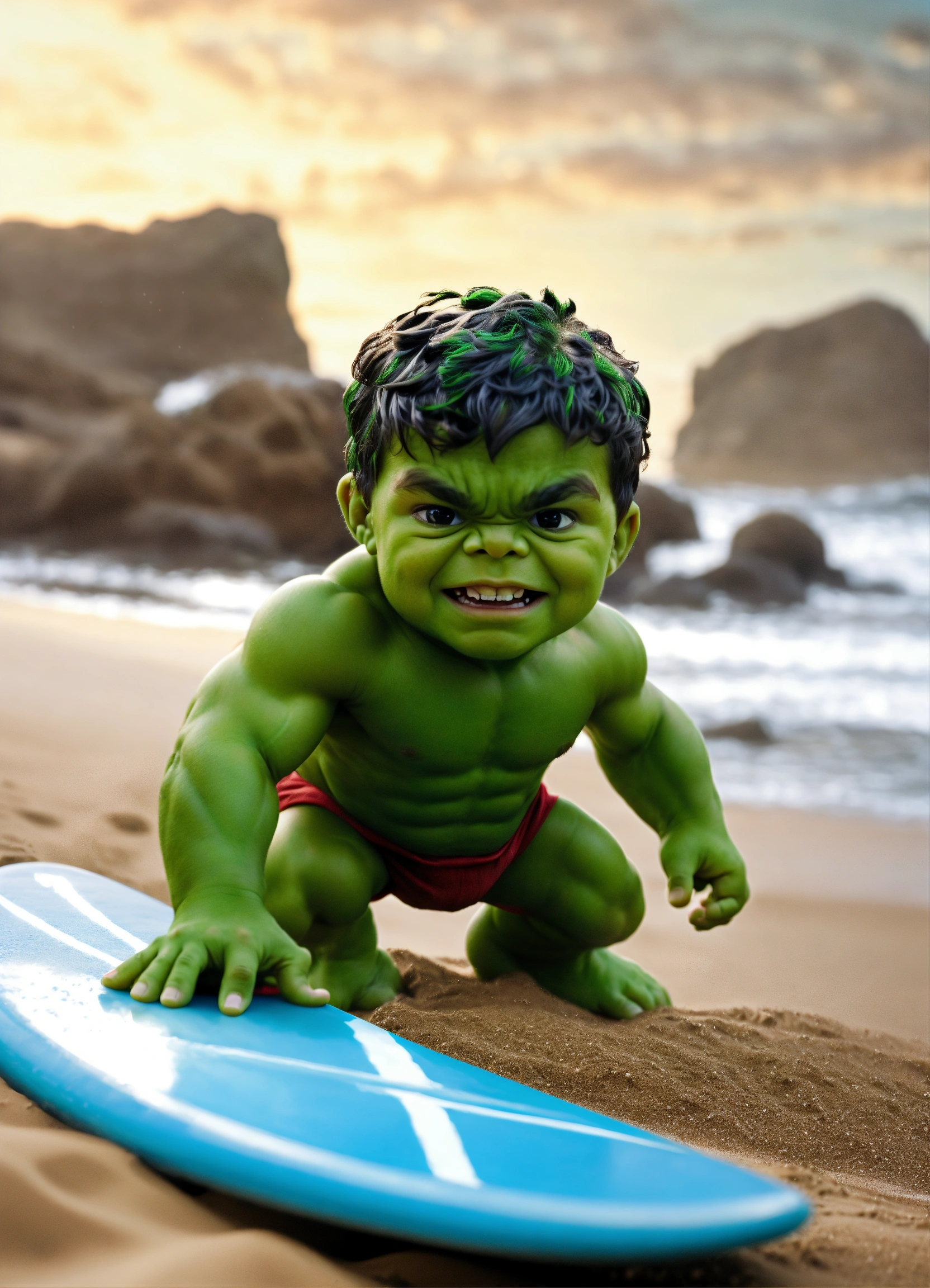 Lexica - Hulk super baby surfing on beach realistic clear focus camera