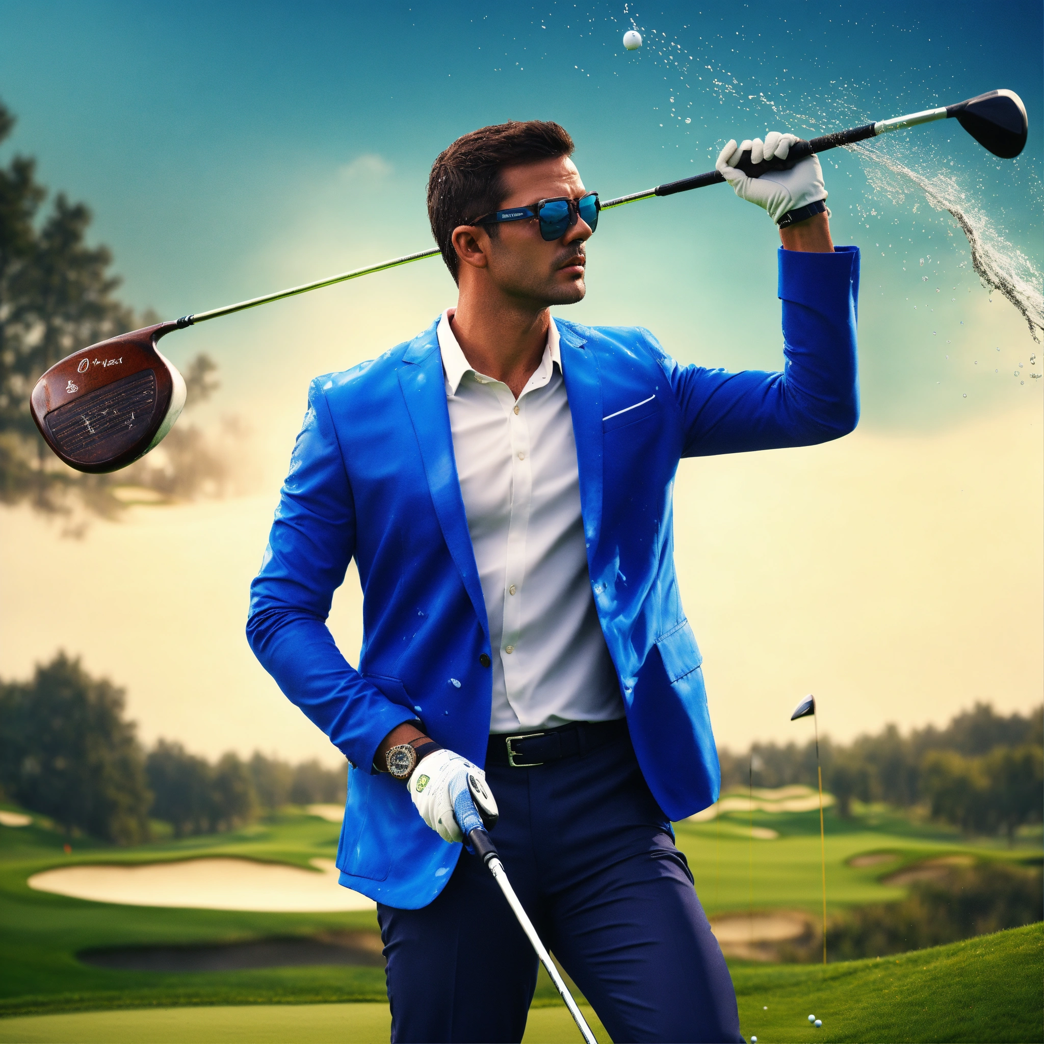 Lexica - 4k hd ultra realistic man blue blazer, sunglasses. Swinging ...