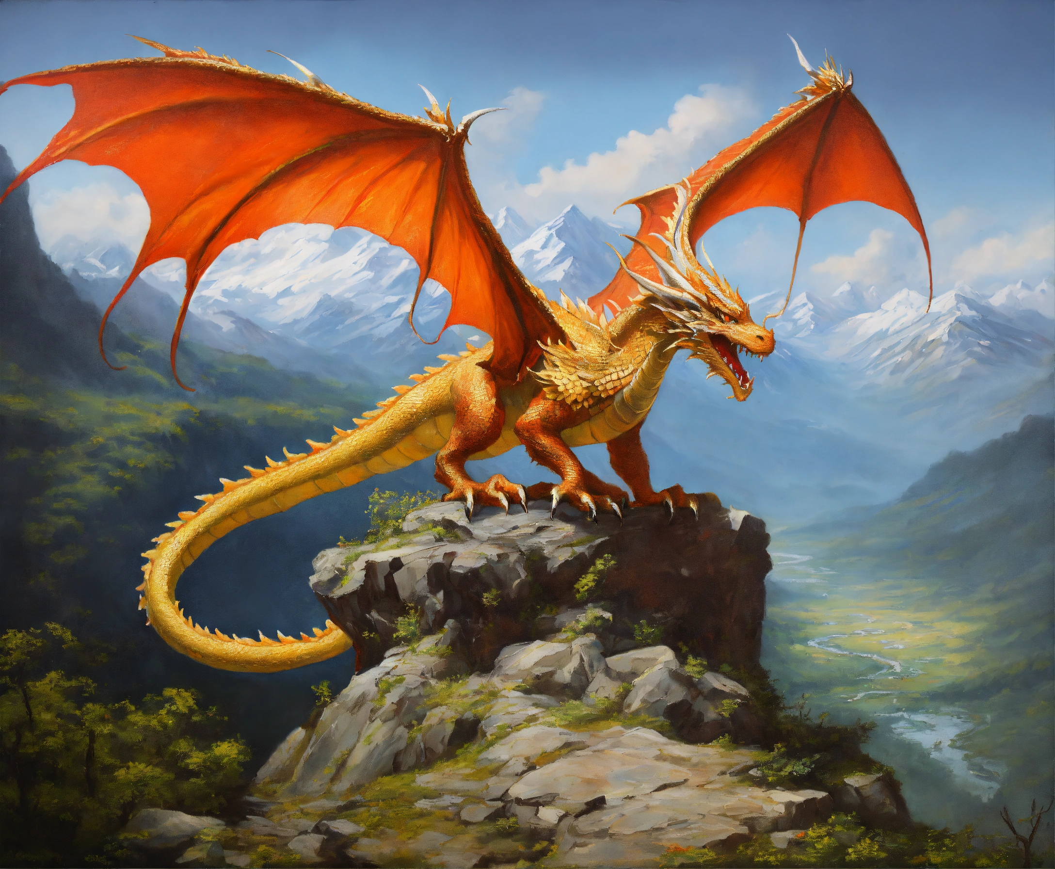 Lexica - Oil painting of a magnificent dragon in front of a mountainous ...