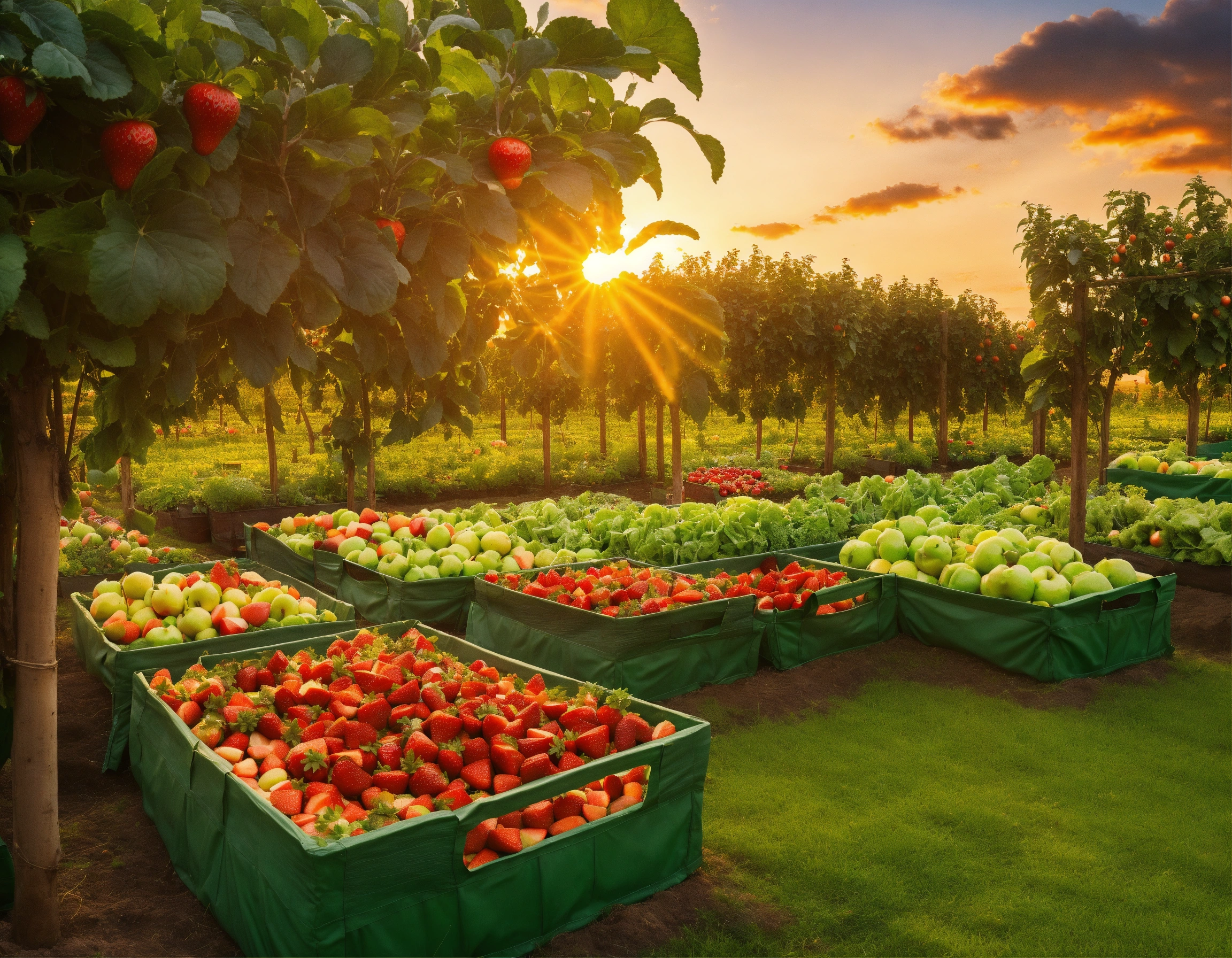 Lexica - Sunset over a heavenly vegetable garden surrounded by apple ...