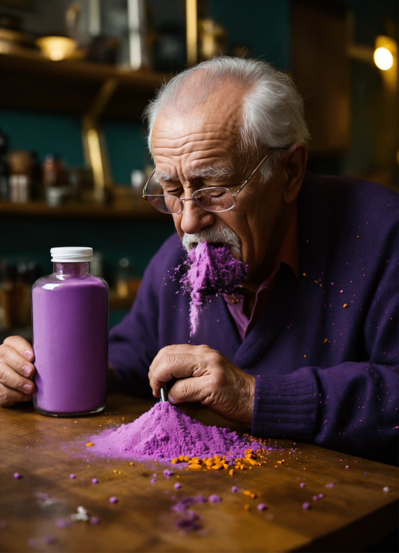 Lexica - A crazy grandpa snorting purple powder on a table