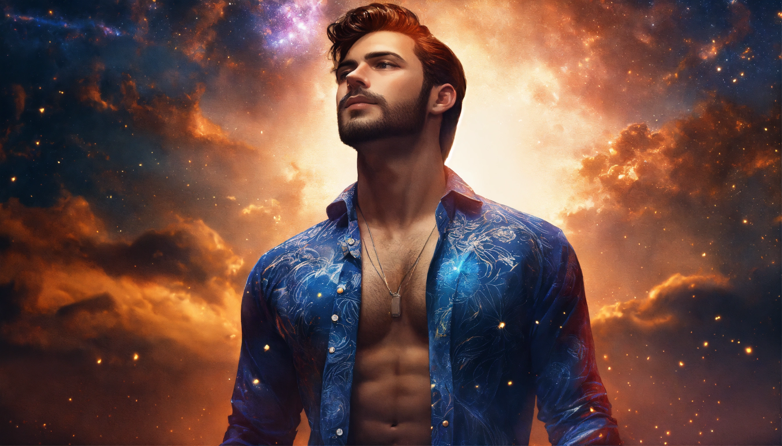 Lexica - Handsome man, looking up, shirt unbuttoned, negative patterns ...