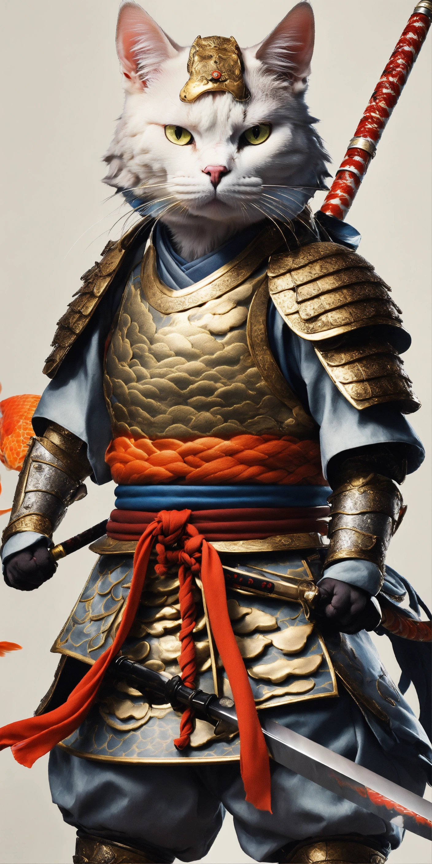 Lexica - There is a cat with a big carp koi and a sword on a white ...