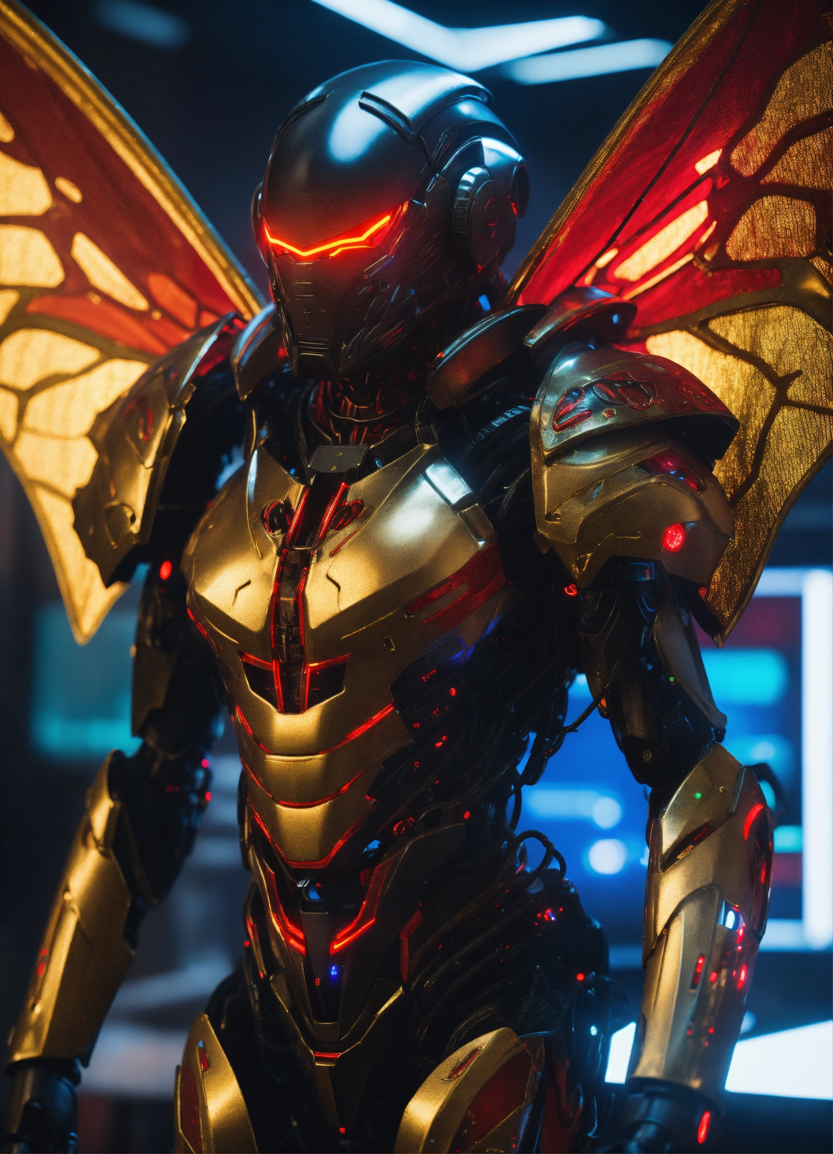 Lexica - Close up of black cockroach faced humanoid with red glowing ...