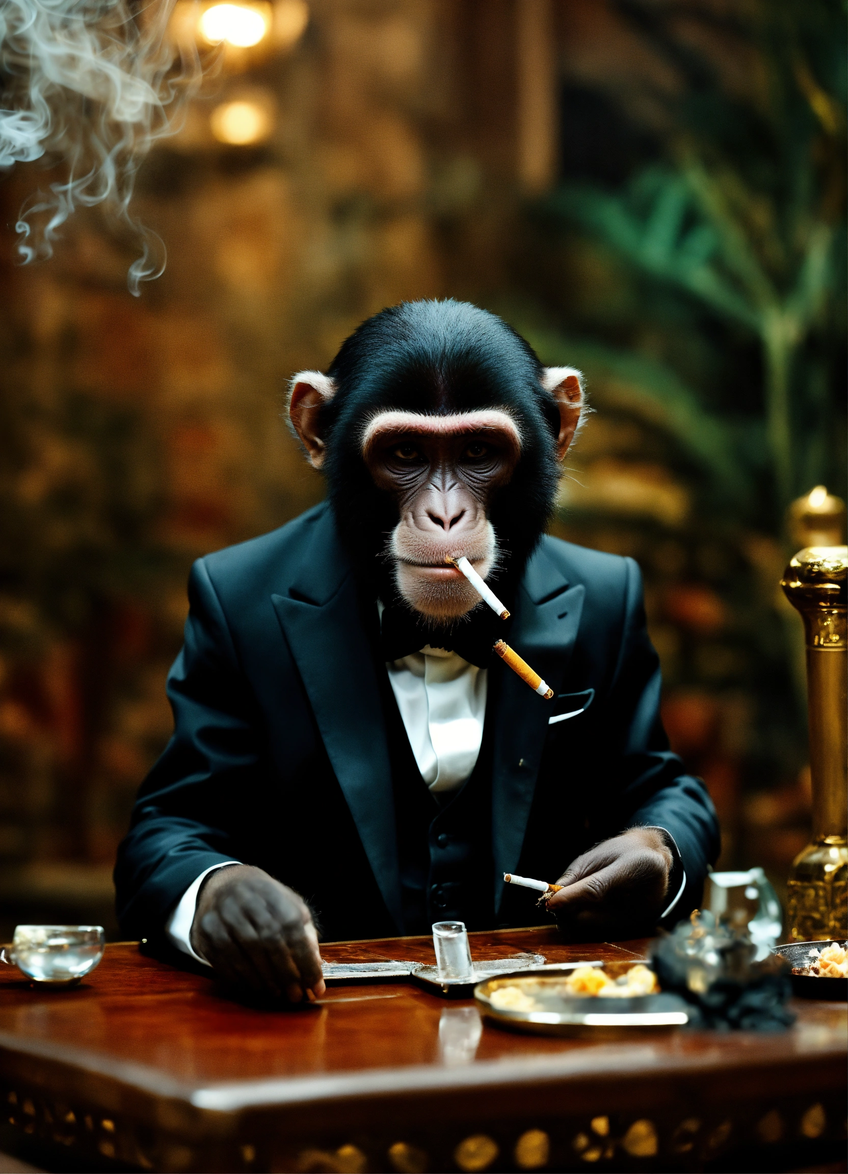 Lexica - Elegant monkey, black suit, smoking a very smoky cigarette ...