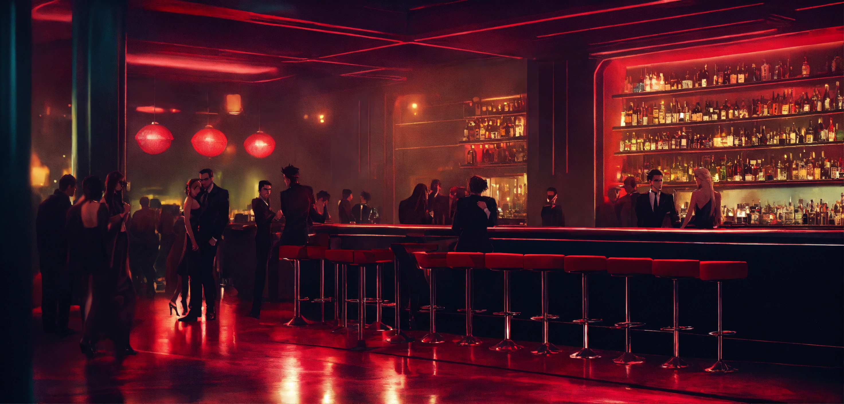 Lexica - Cinematic look, urban city night club bar with guests ...