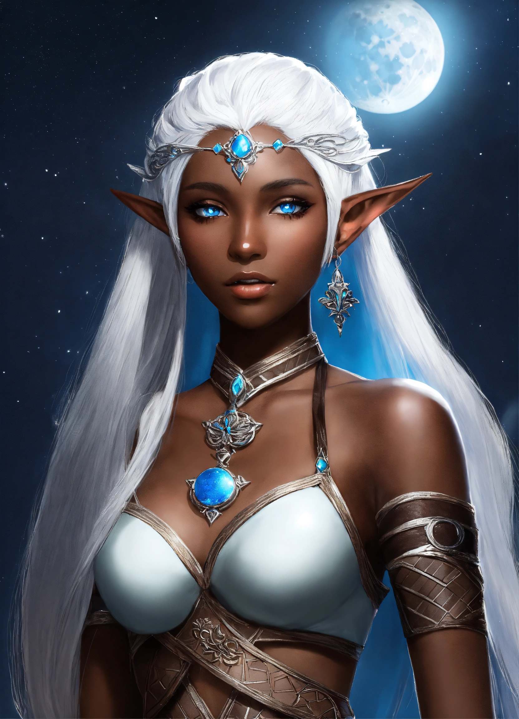 Lexica - A woman, moon, half elf, dark chocolate brown skin, silver white hair, blue eyes