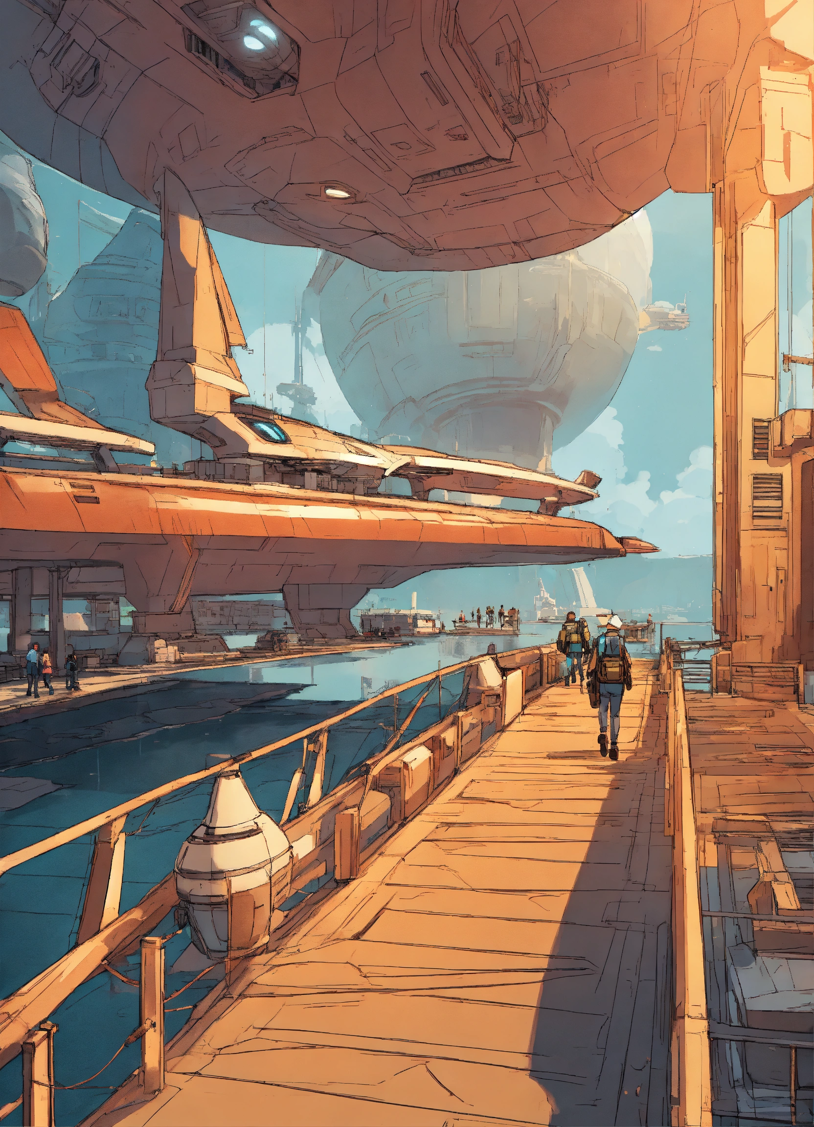 Lexica - A futuristic dock for spaceships. People walking around the ...