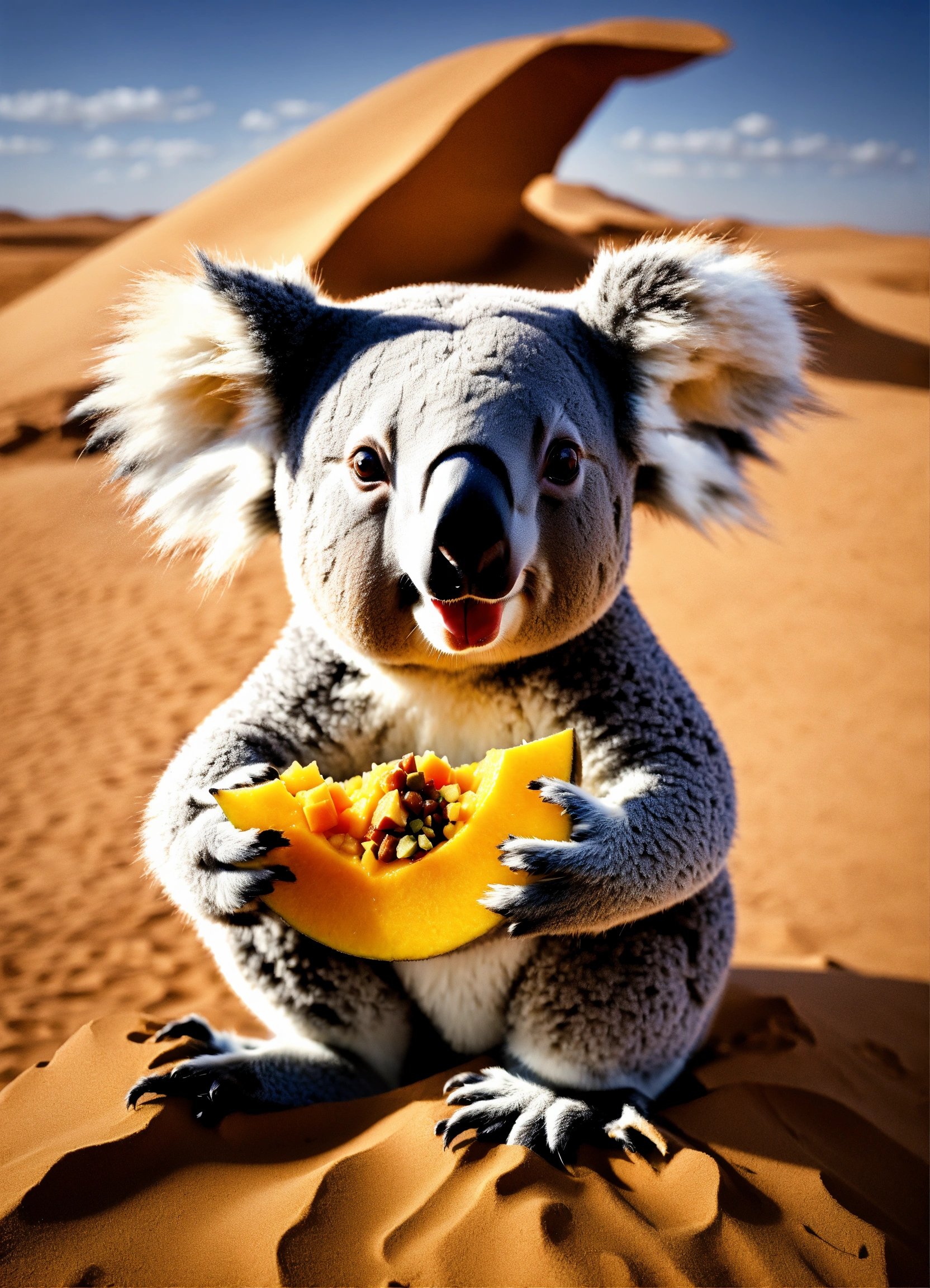 Lexica - A koala eating mango in the Sahara desert in the style of Picasso]