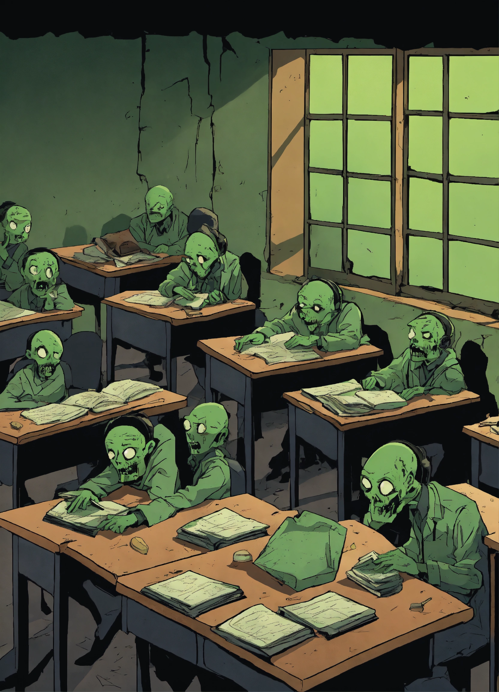 Lexica - Design a comic cartoon poster depicting a decrepit classroom ...