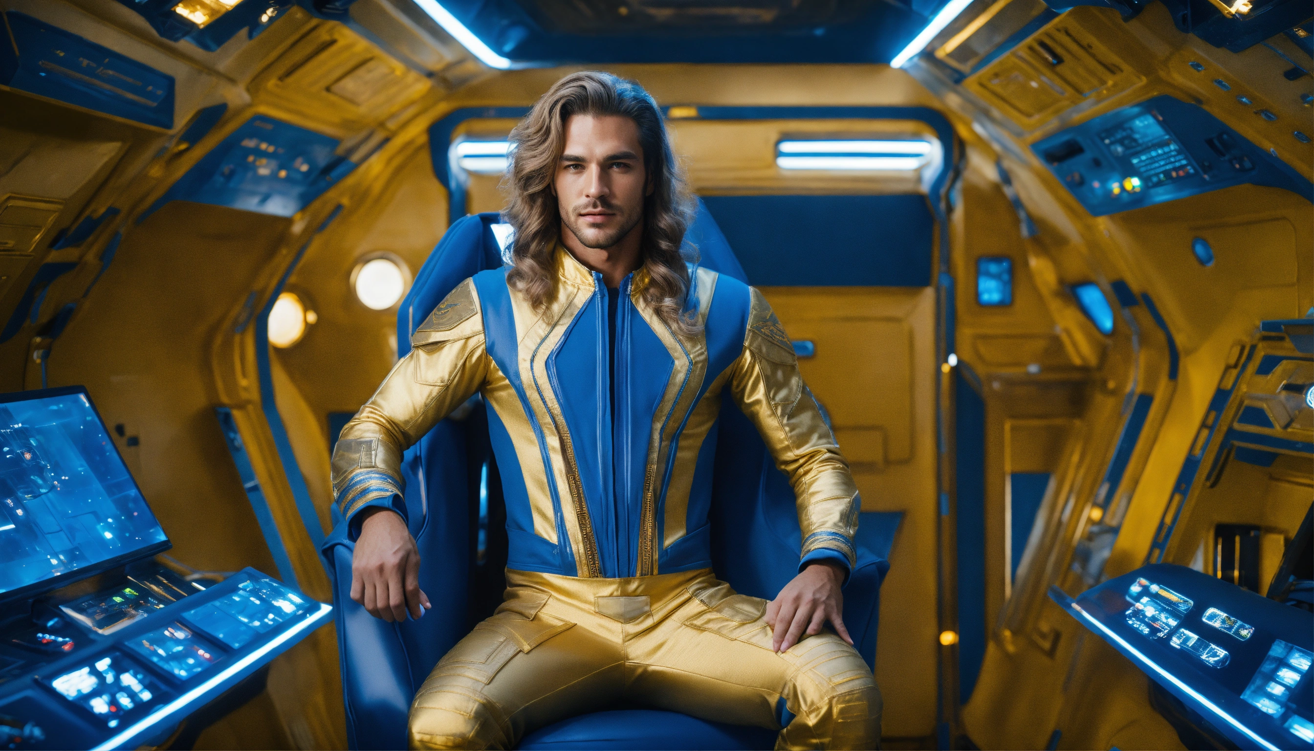 Lexica - Handsome galactic man in blue and gold jumpsuit, long light ...