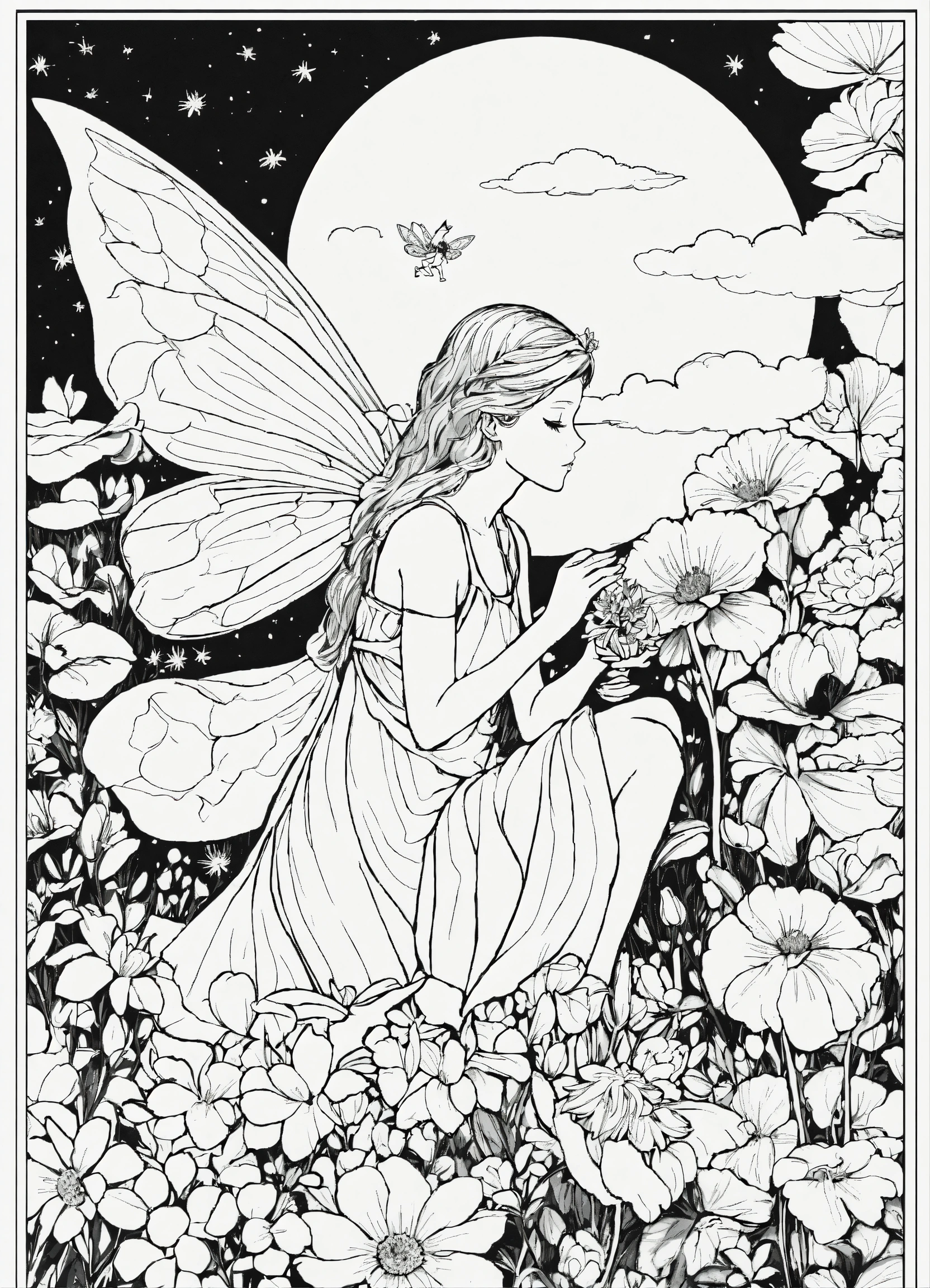 Lexica - A black and white coloring page of a fairy smelling a flower ...