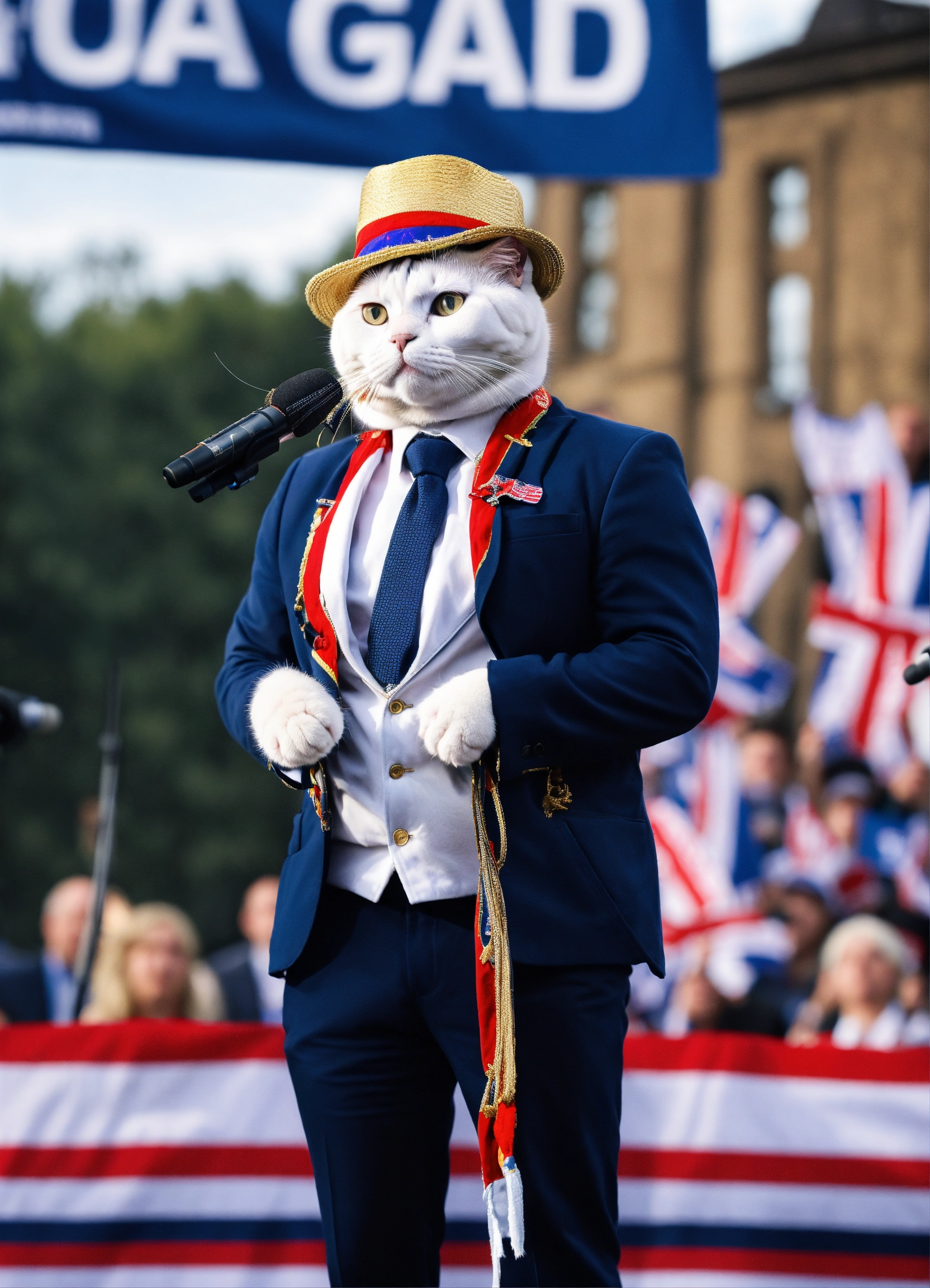Lexica - A white british shorthair cat wearing giving a speech, on ...