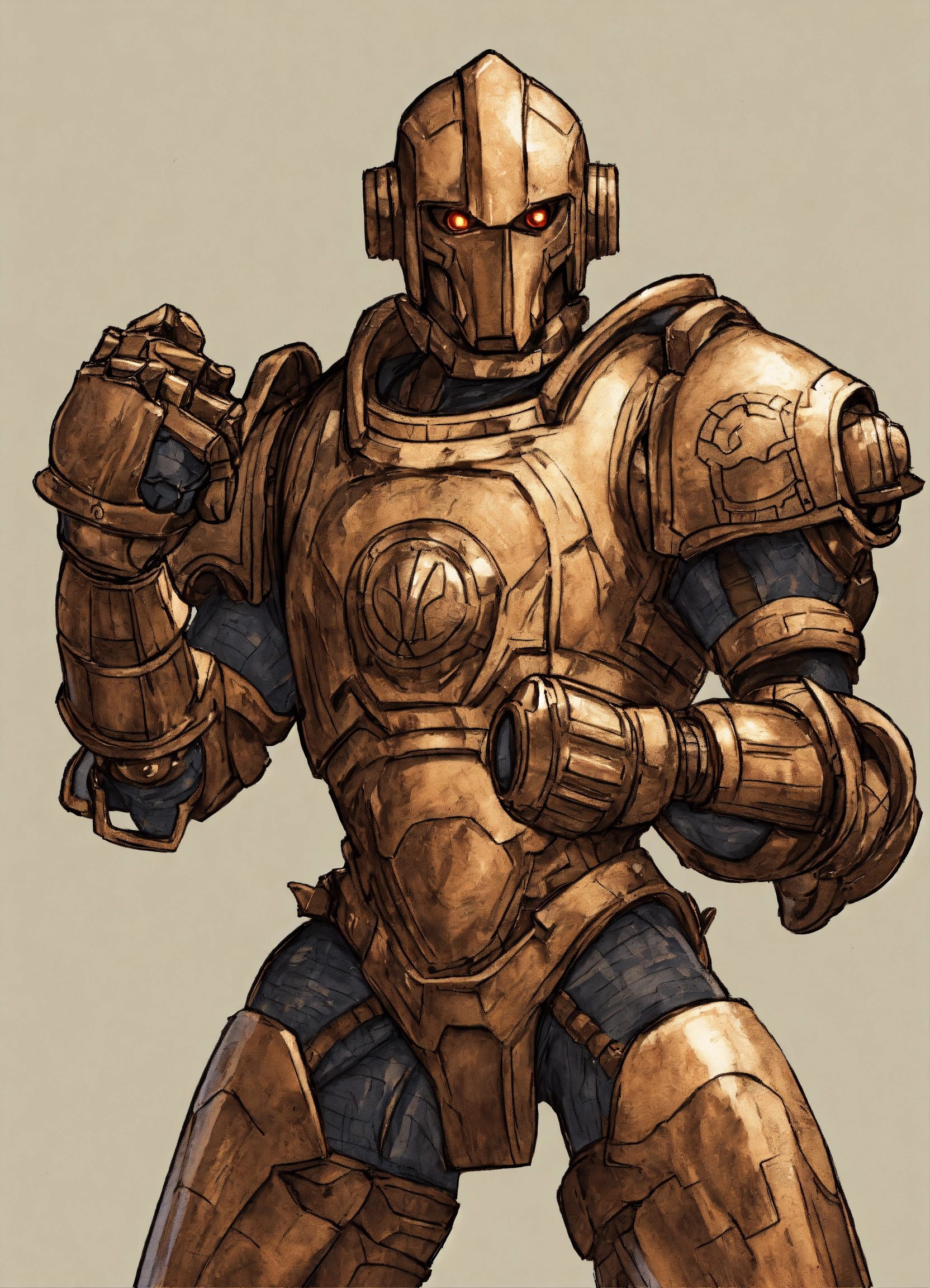 Lexica - Drawing of ancient bronze warforged robot holding fists in a ...