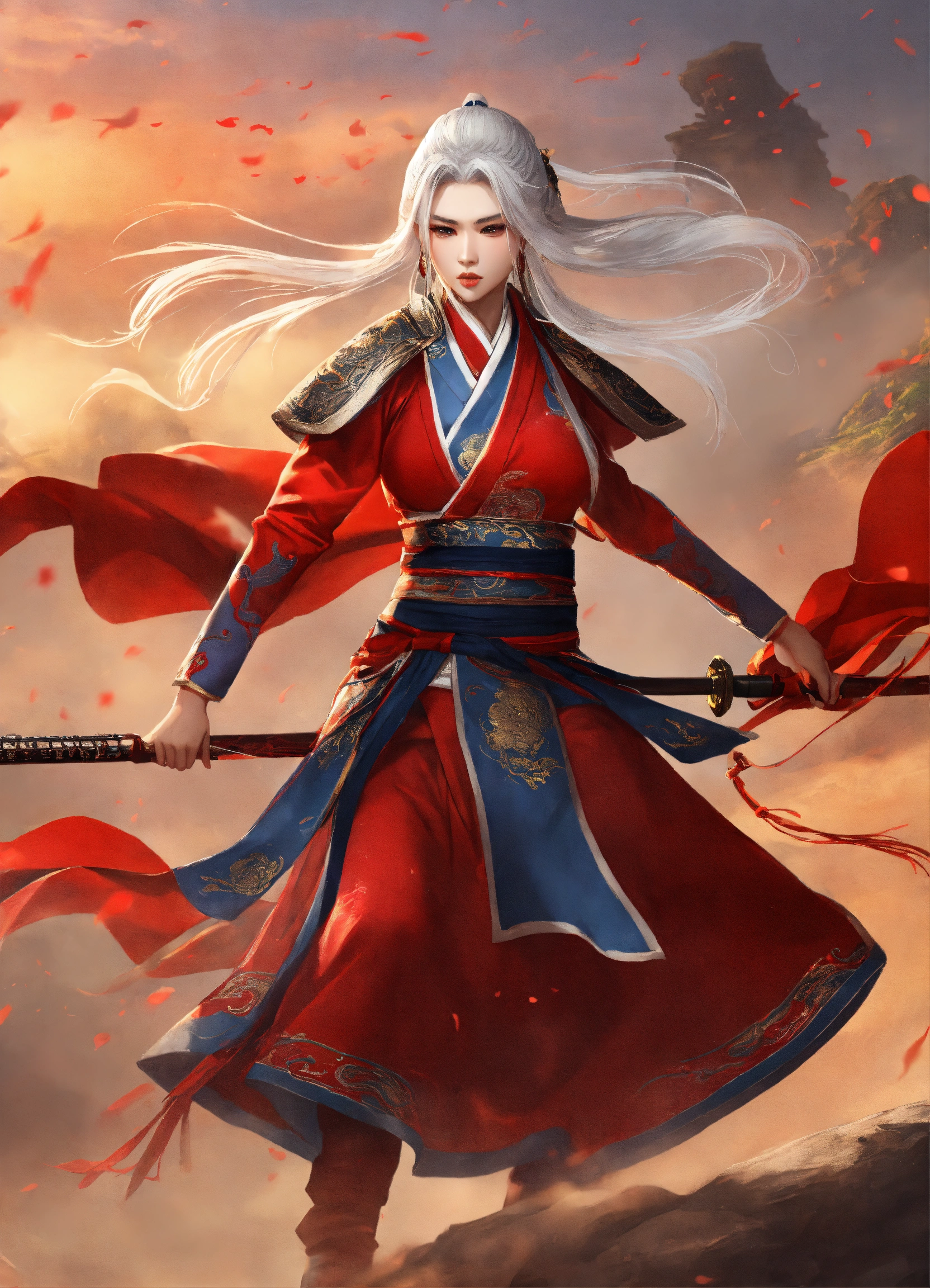 Lexica - Wuxia. Attractive courtesan with white hair, using a warfan to ...