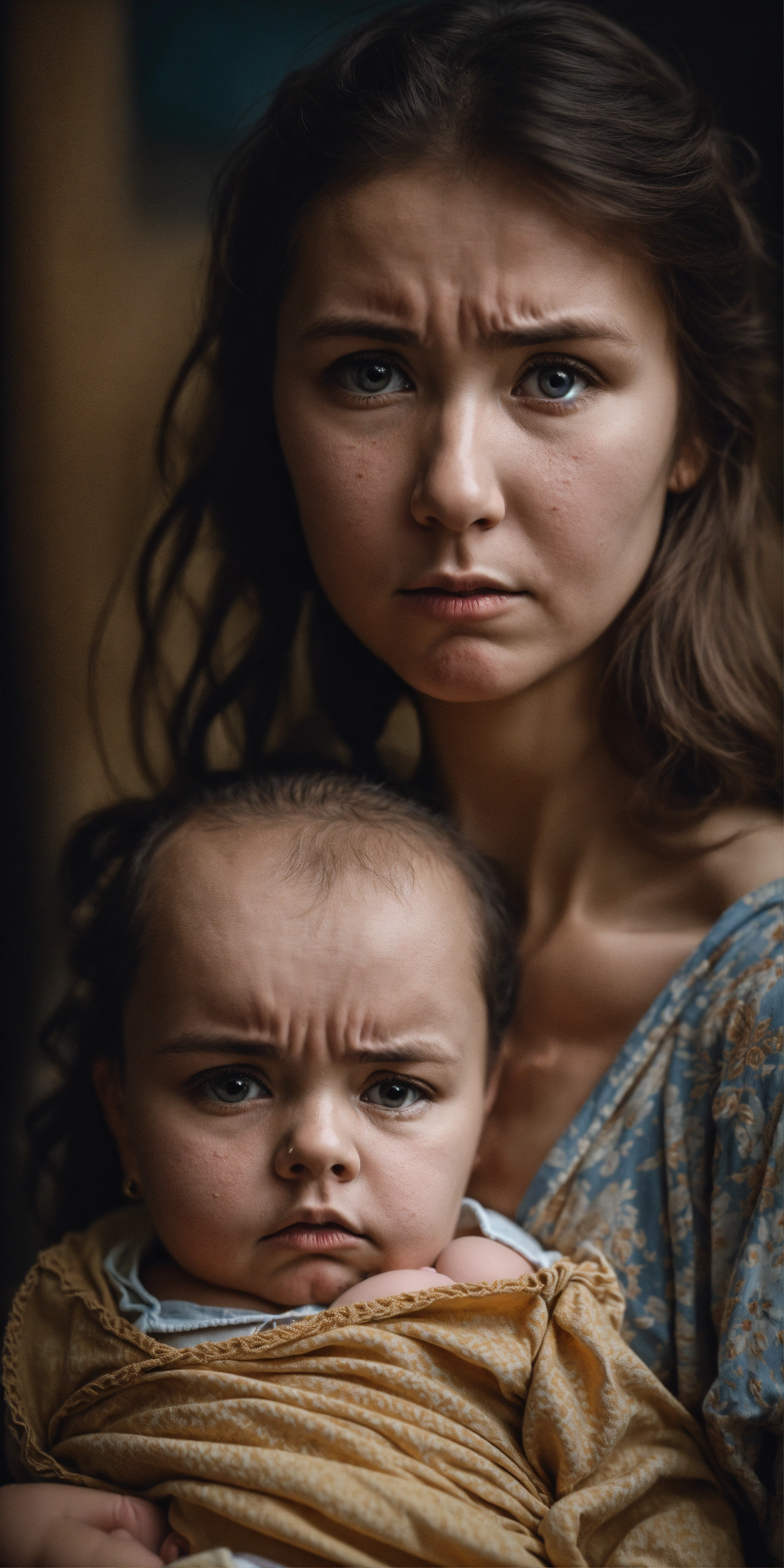 Lexica - A sad woman with a sad and pitiful face holds an infant in her ...