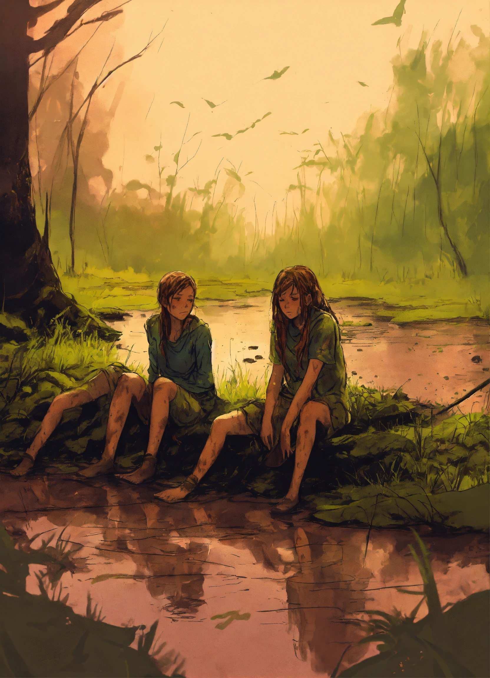 Lexica - Coloured sketch art style, 2girls, exhausted ,girl covered in ...