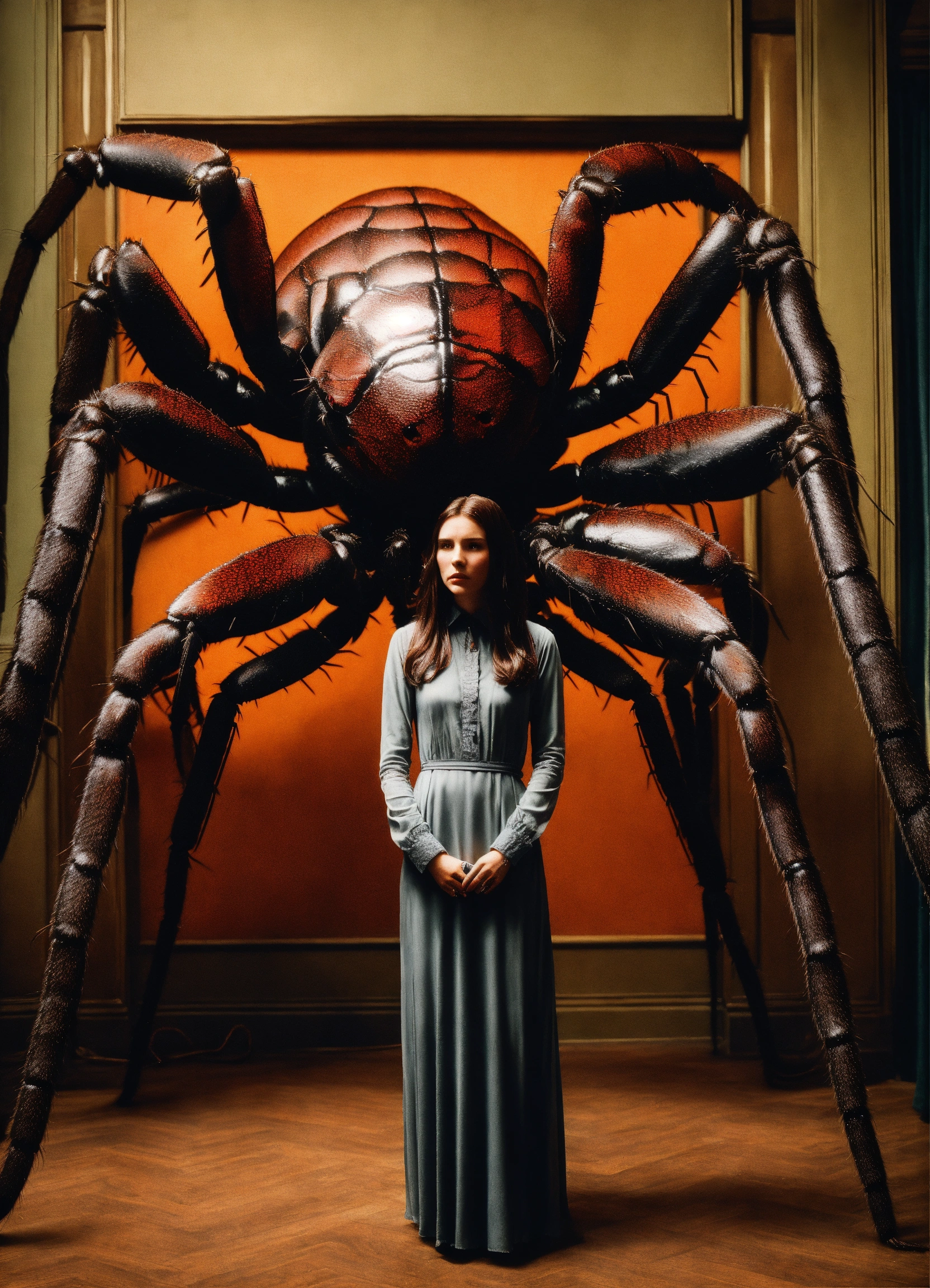 Lexica - A woman with long brown hair standing next to a giant redback ...