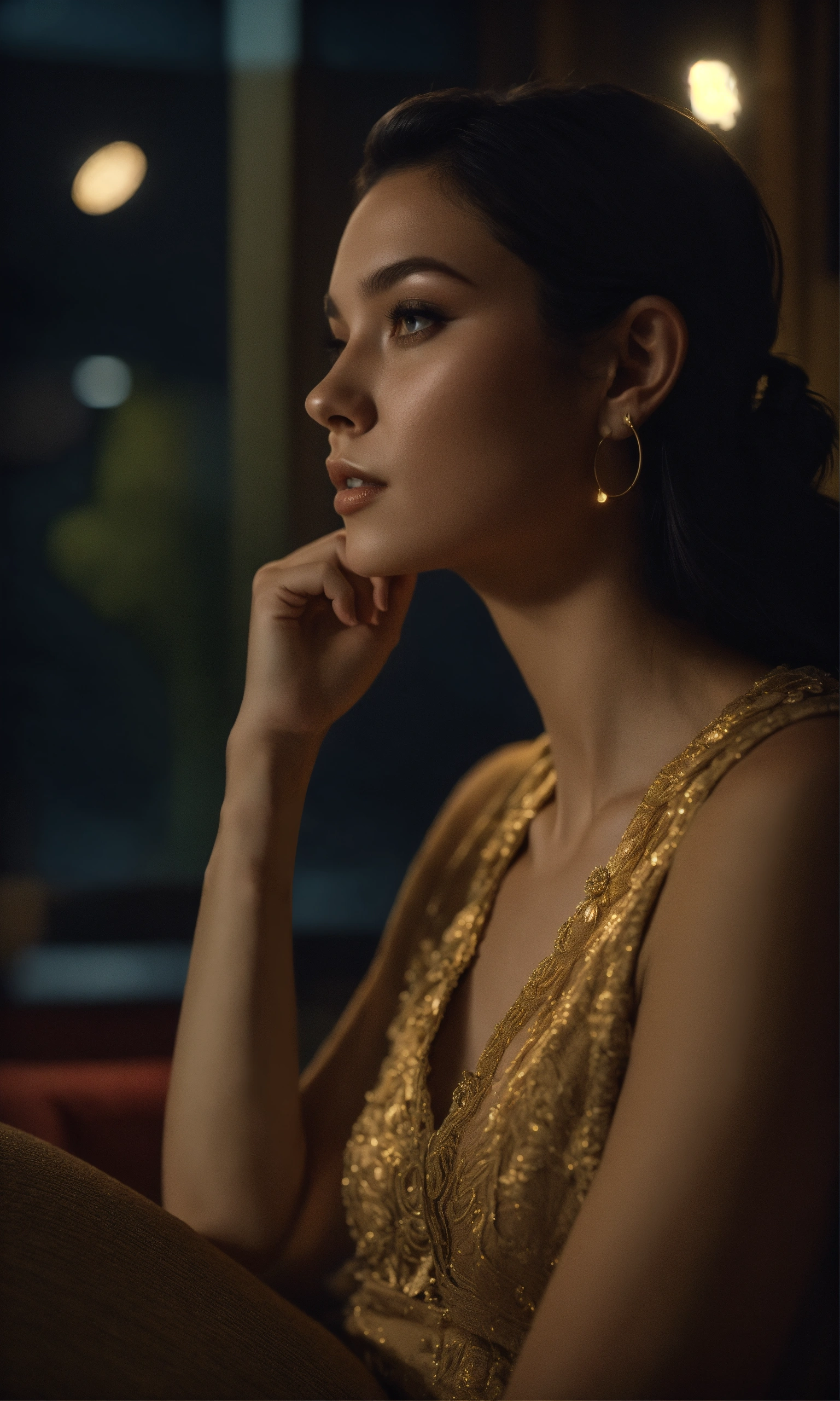 Lexica - A hot female watching tv with sadness, dark dim light room, interior night time ...