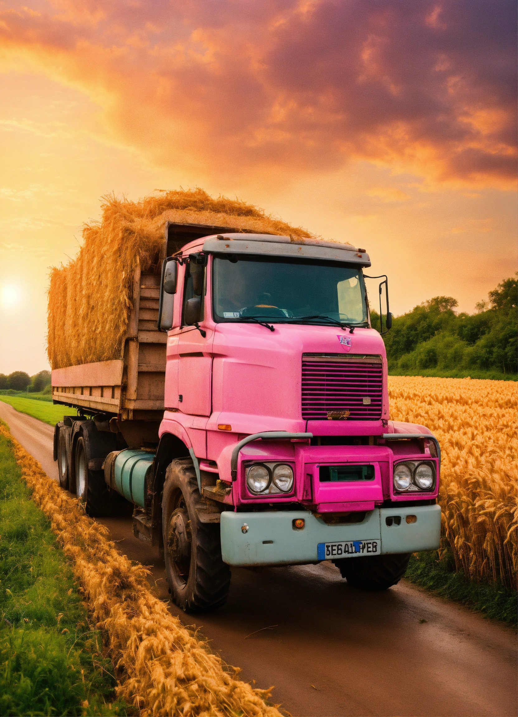 Lexica - Lady in a pink swimming suit driving a lorry full of harvest ...