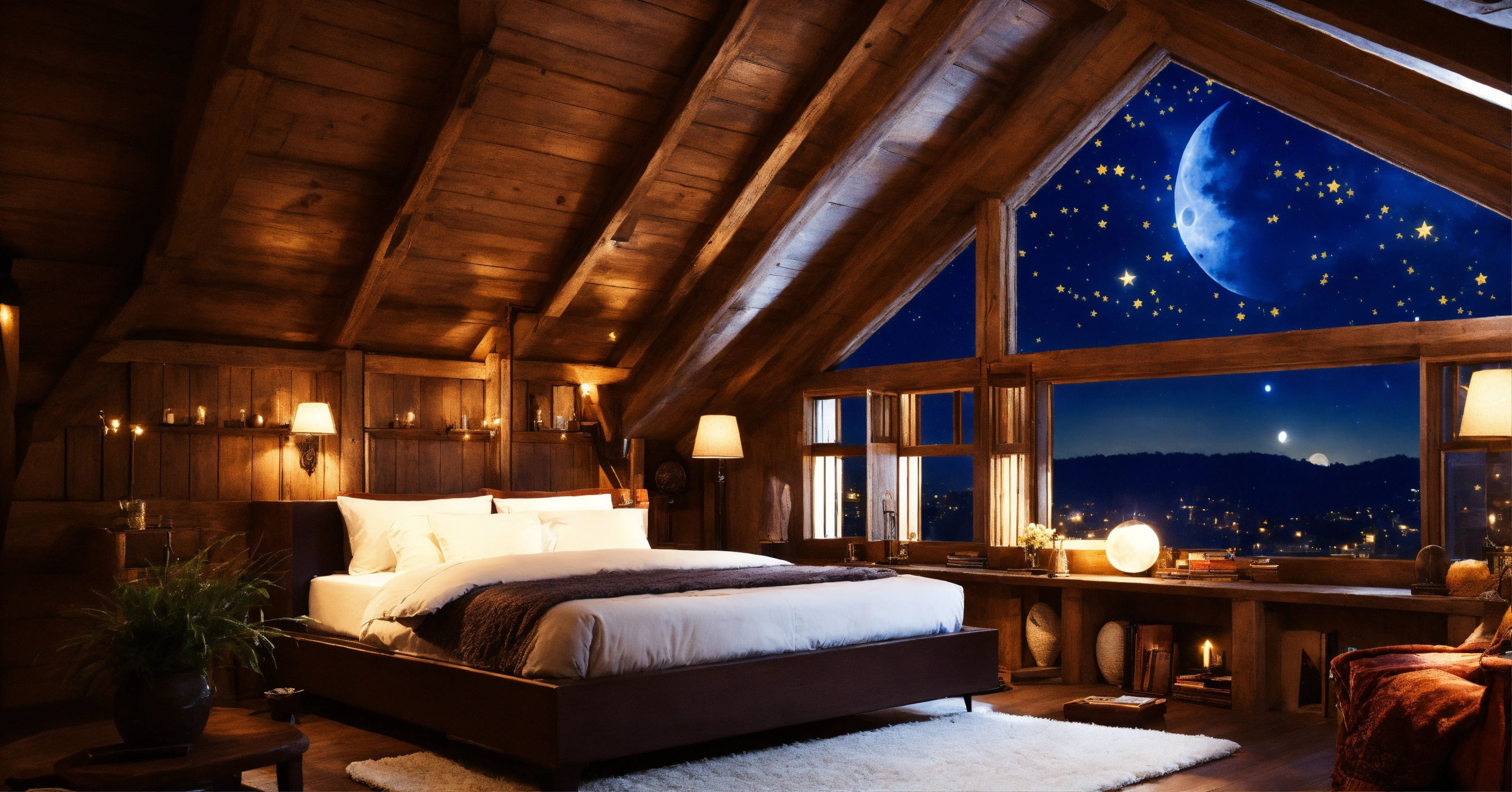 Lexica - Night bedroom, fluffy rug, big comfy bed, moon stars night sky ...
