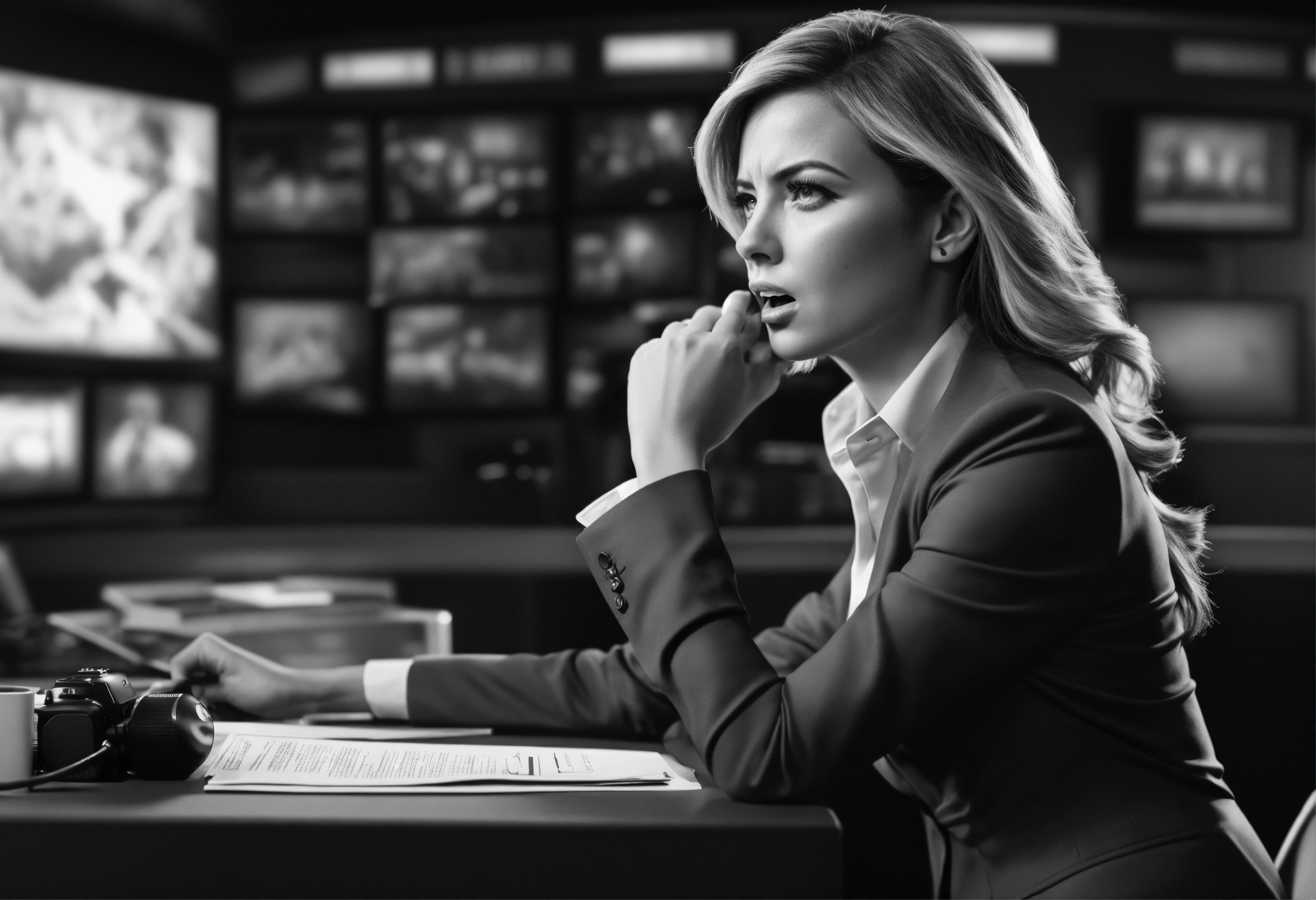 Lexica - Black and white illustration female news reporter, facing ...