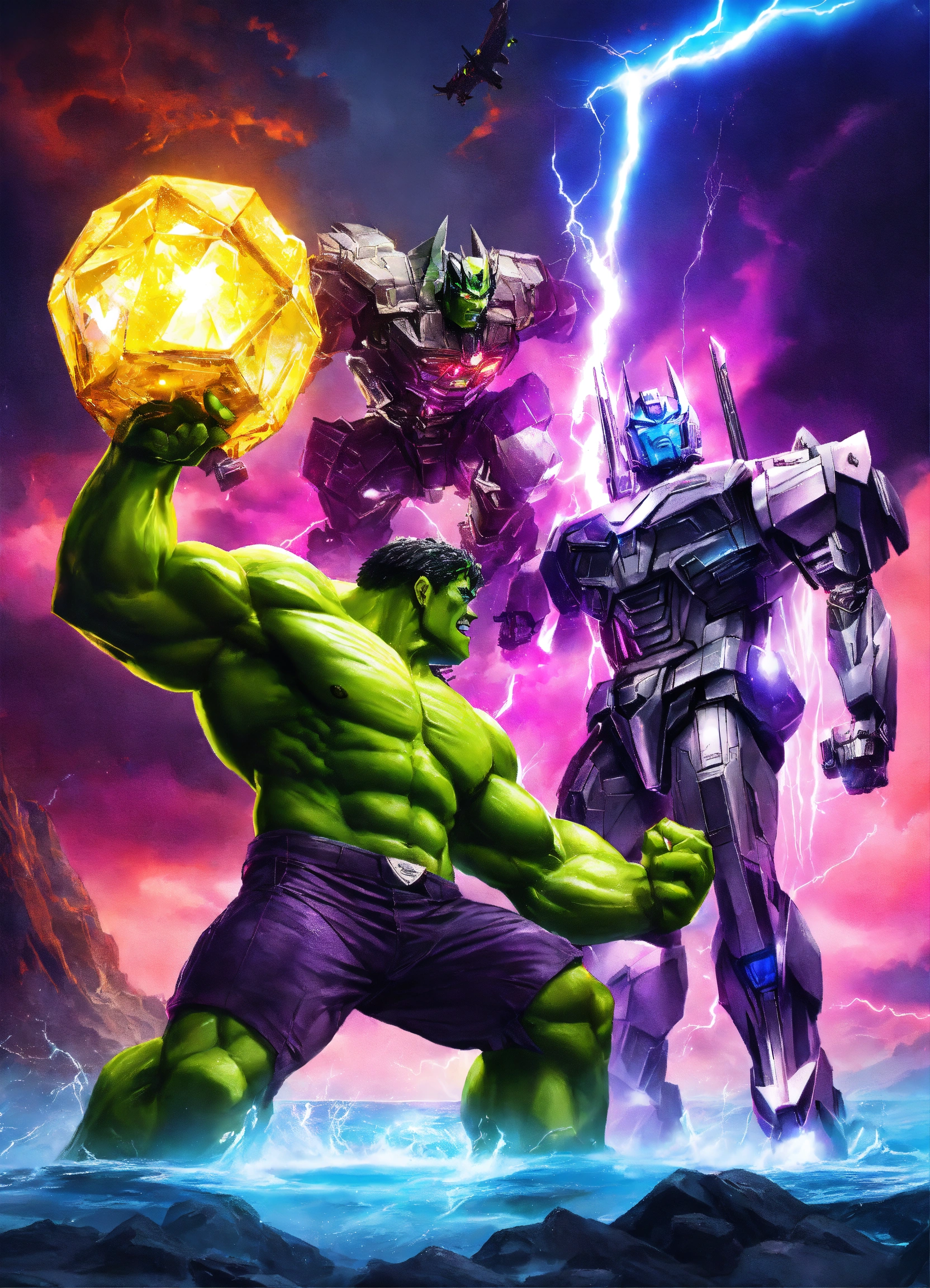 Lexica - Glowing crystal Hulk vs transformer Megatron god rainbow water ...
