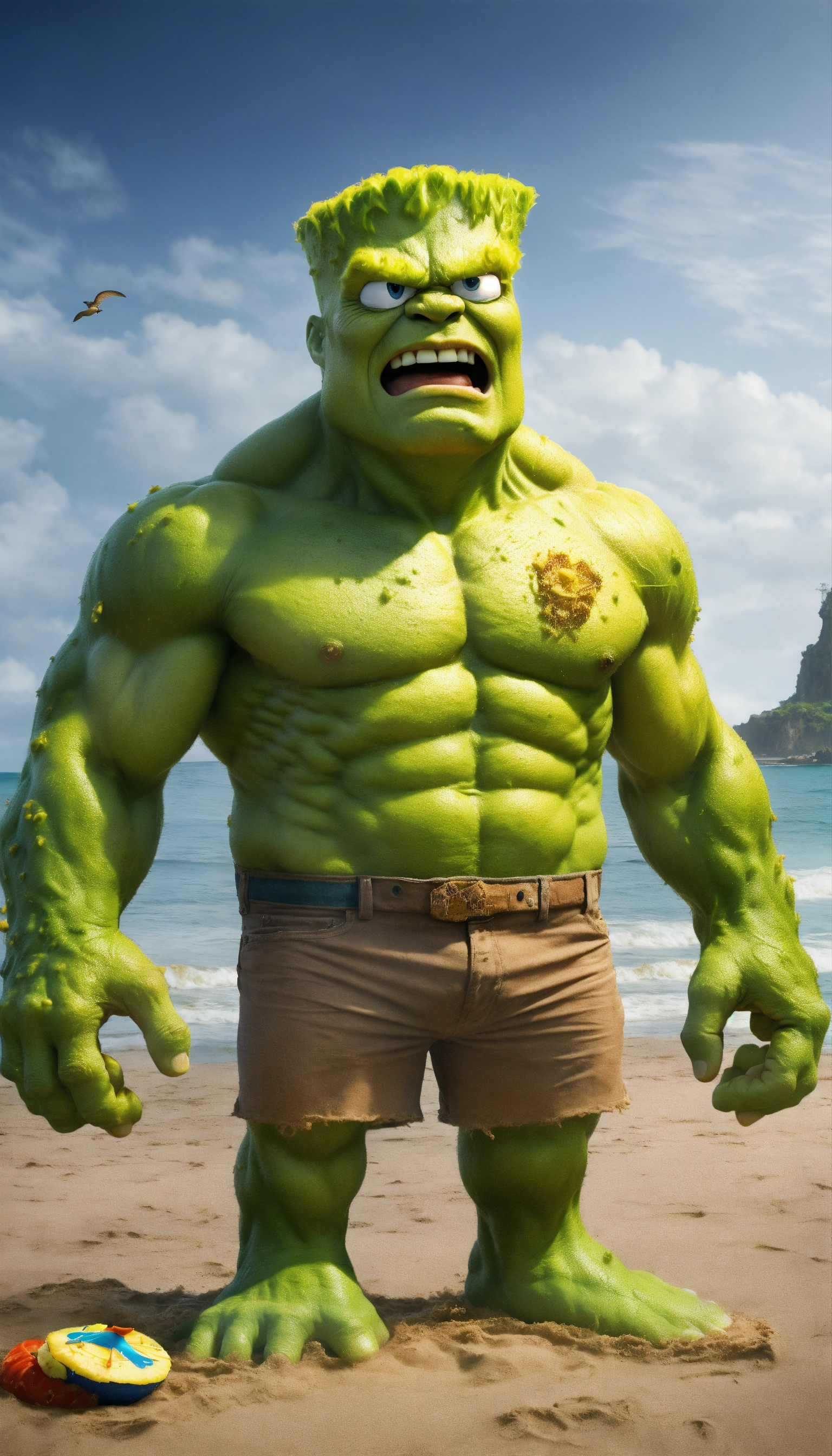 Lexica - Realistic, hulk skinned spongebob, in the beach, amazing ...