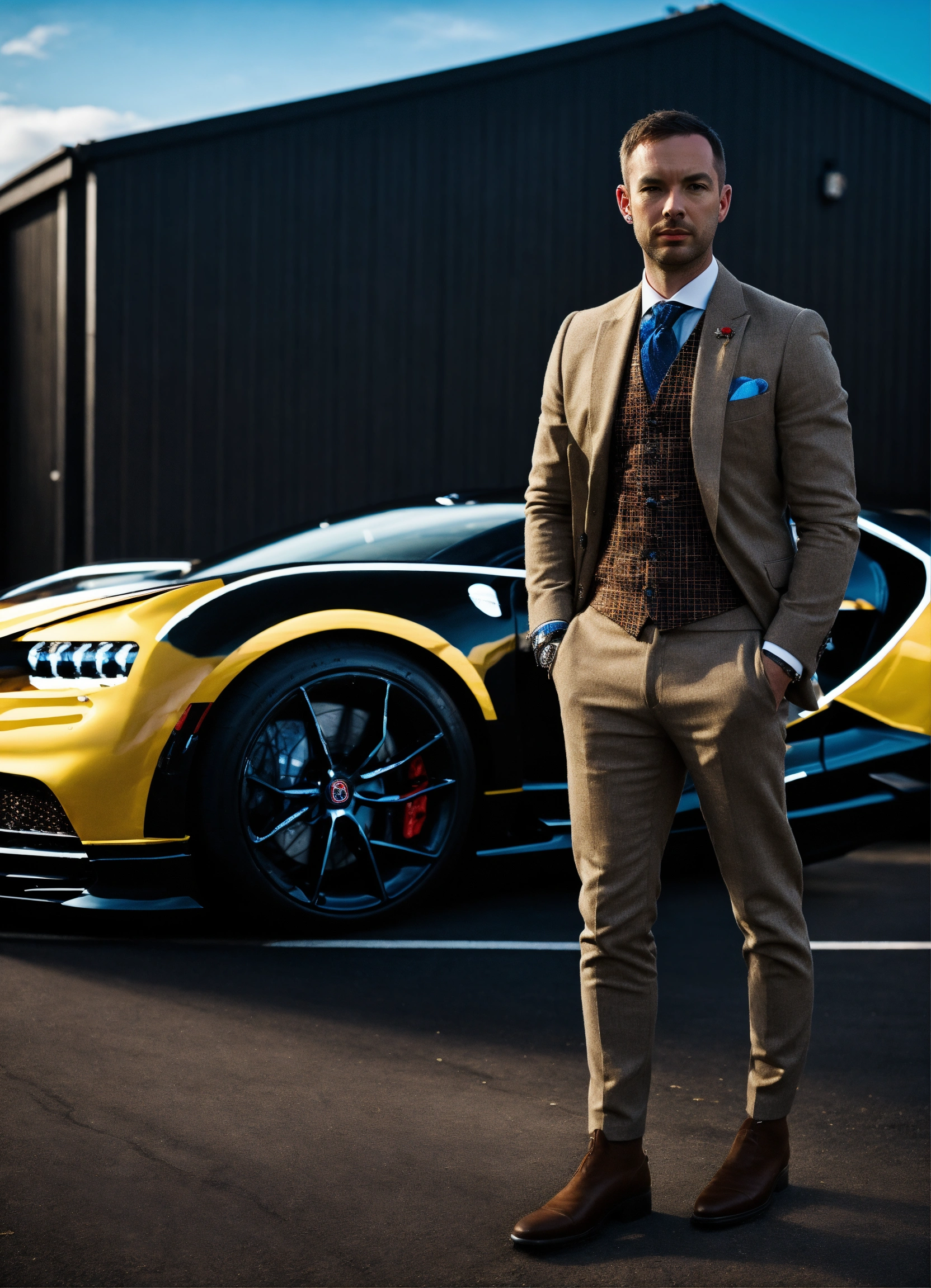 Lexica - Une image de Andrew Tate en costume devant sa Bugatti Chiron ...