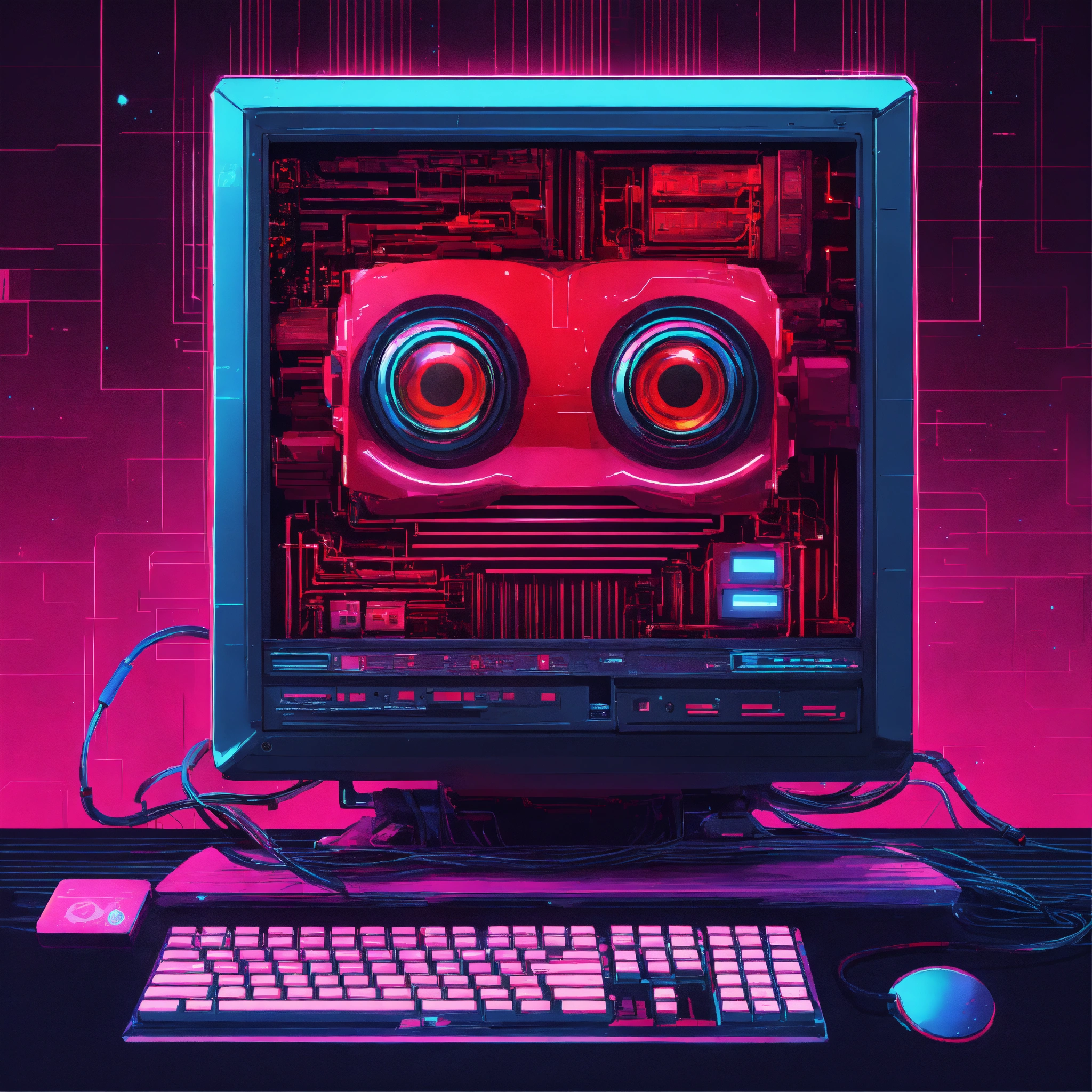 Lexica - A crazy computer with red eyes in a synthwave style