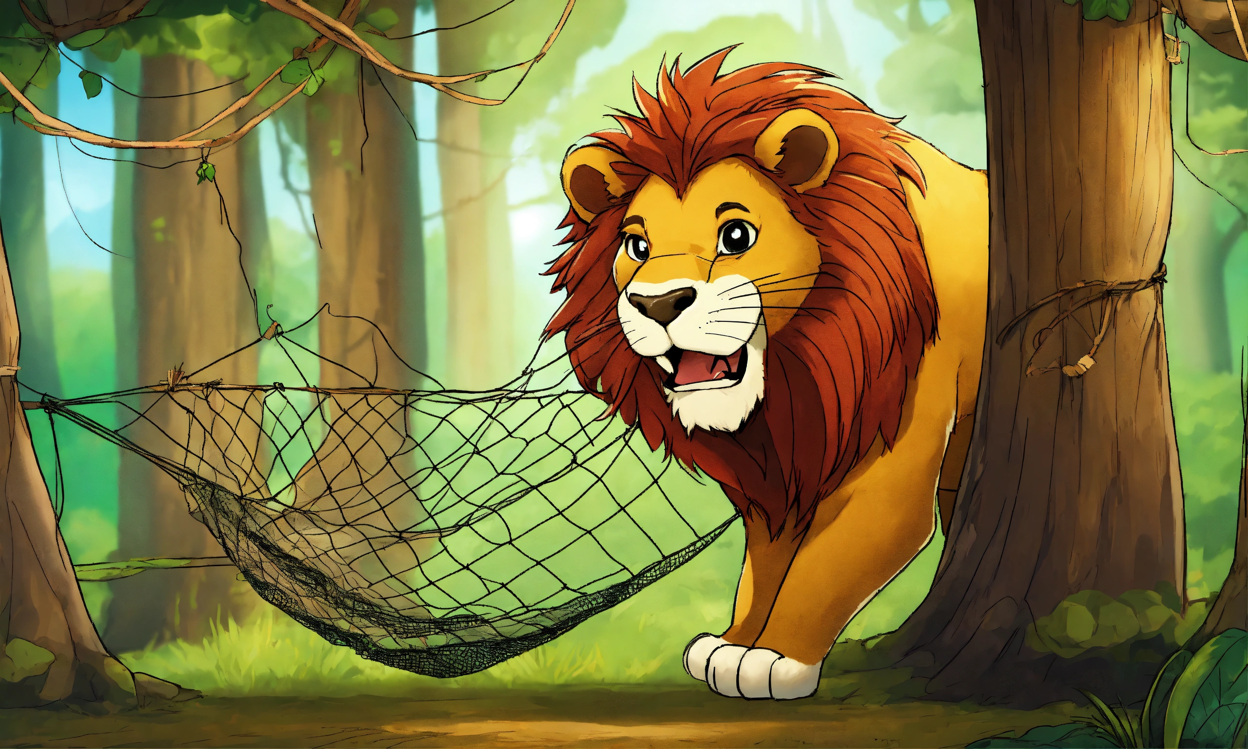 Lexica - Cartoon A big lion gets trapped in a net in the forest and net hangs from top of a tree.