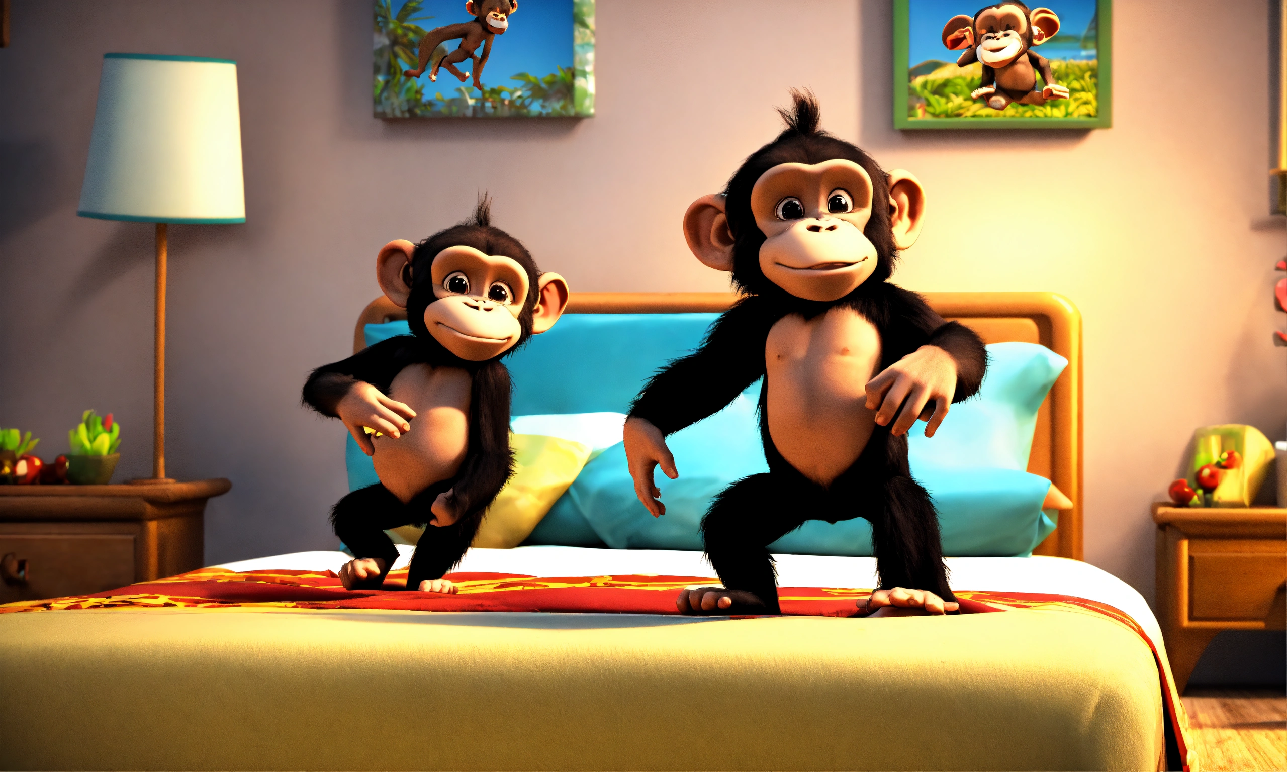 Lexica - Two little chimpanzees jumping on the bed, and one chimpanzee ...