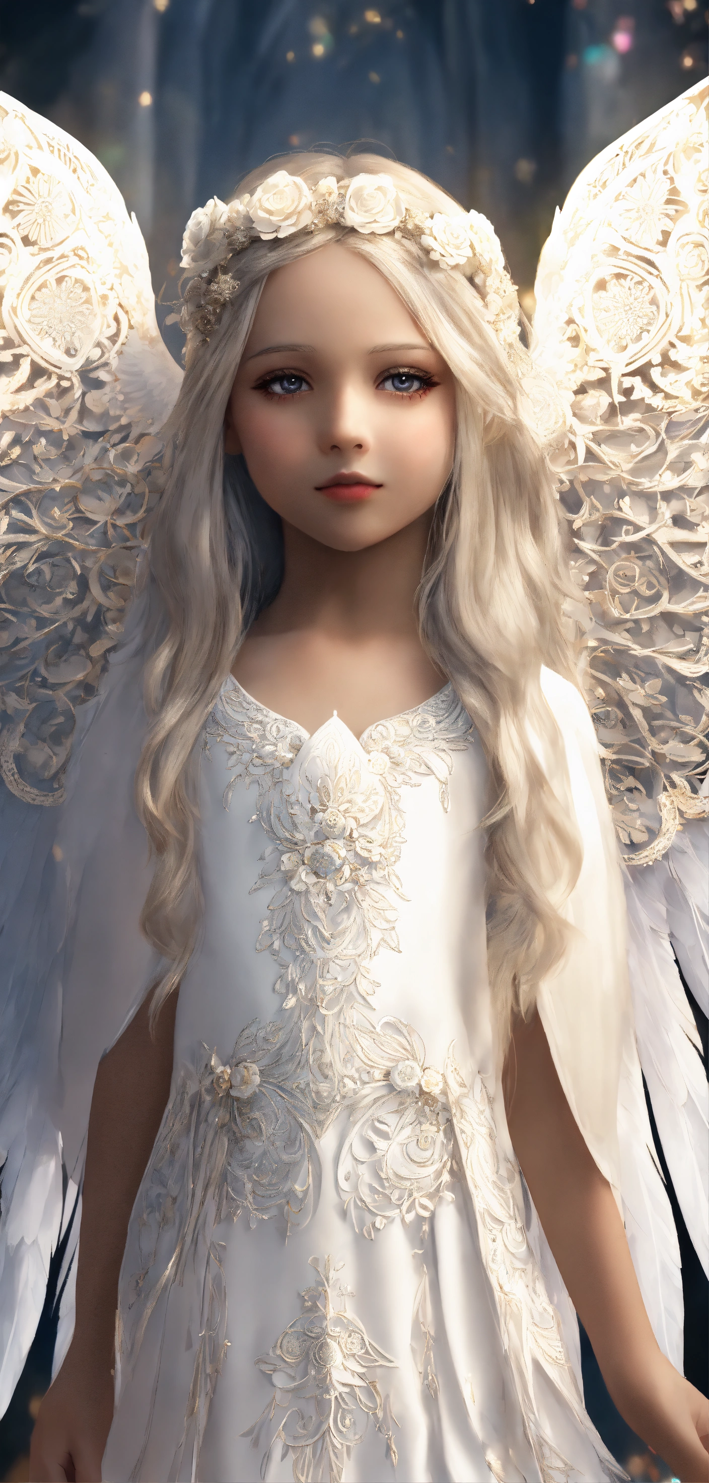 Lexica - Angel face 9-year-old girl with white angel wings, large and ...