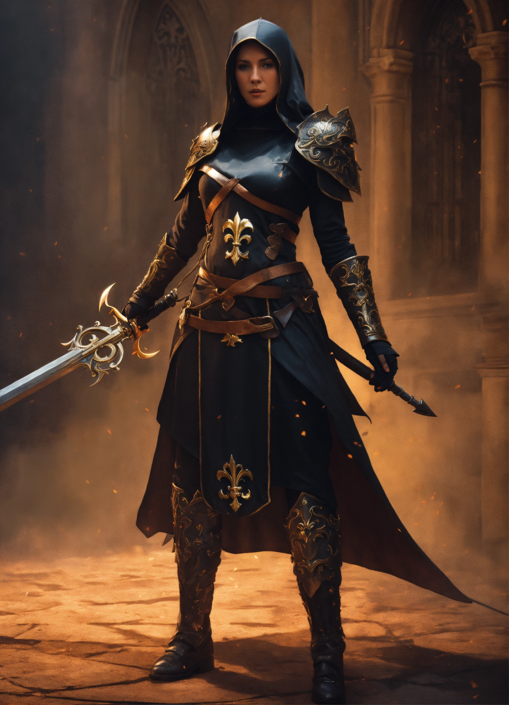 Lexica - A fighting nun in black armour with fleur de lis, concept art