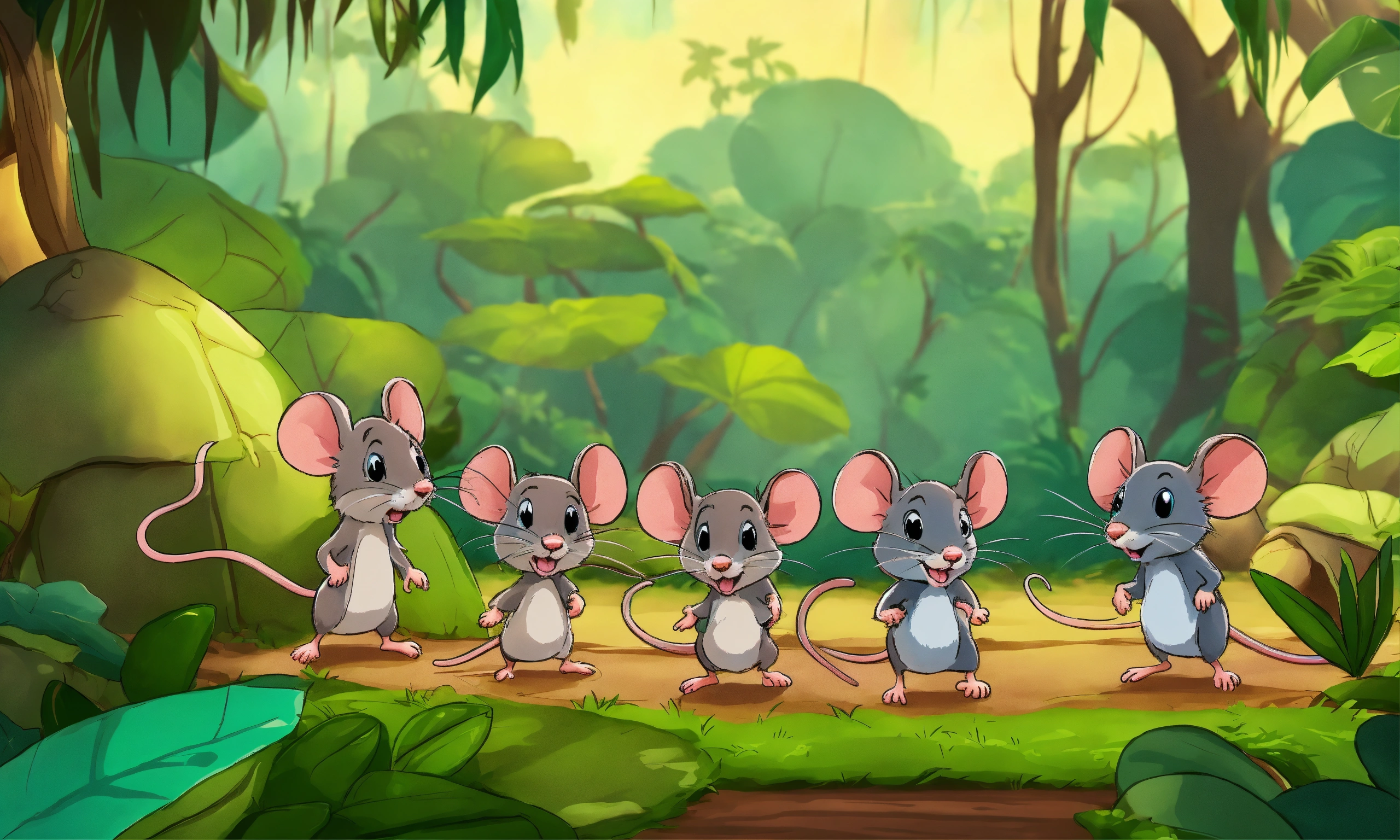 Lexica - Cartoon group of mouse wandering in jungle
