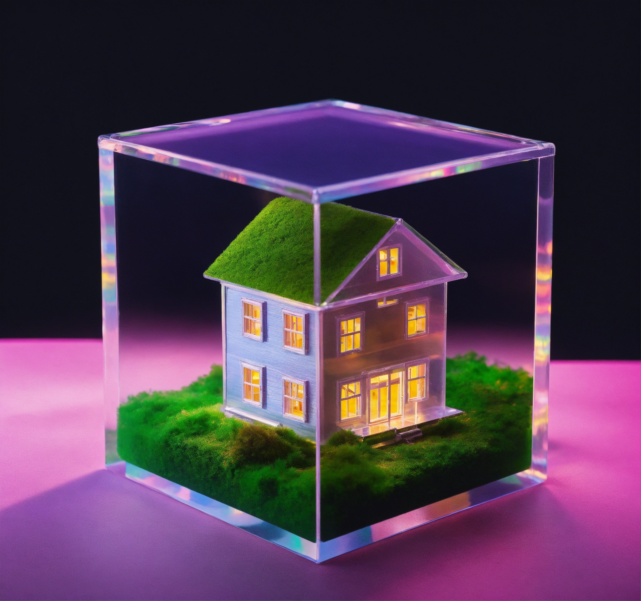 Lexica - Cube, 4k, small house inside cube!, clear plastic, iridescent ...