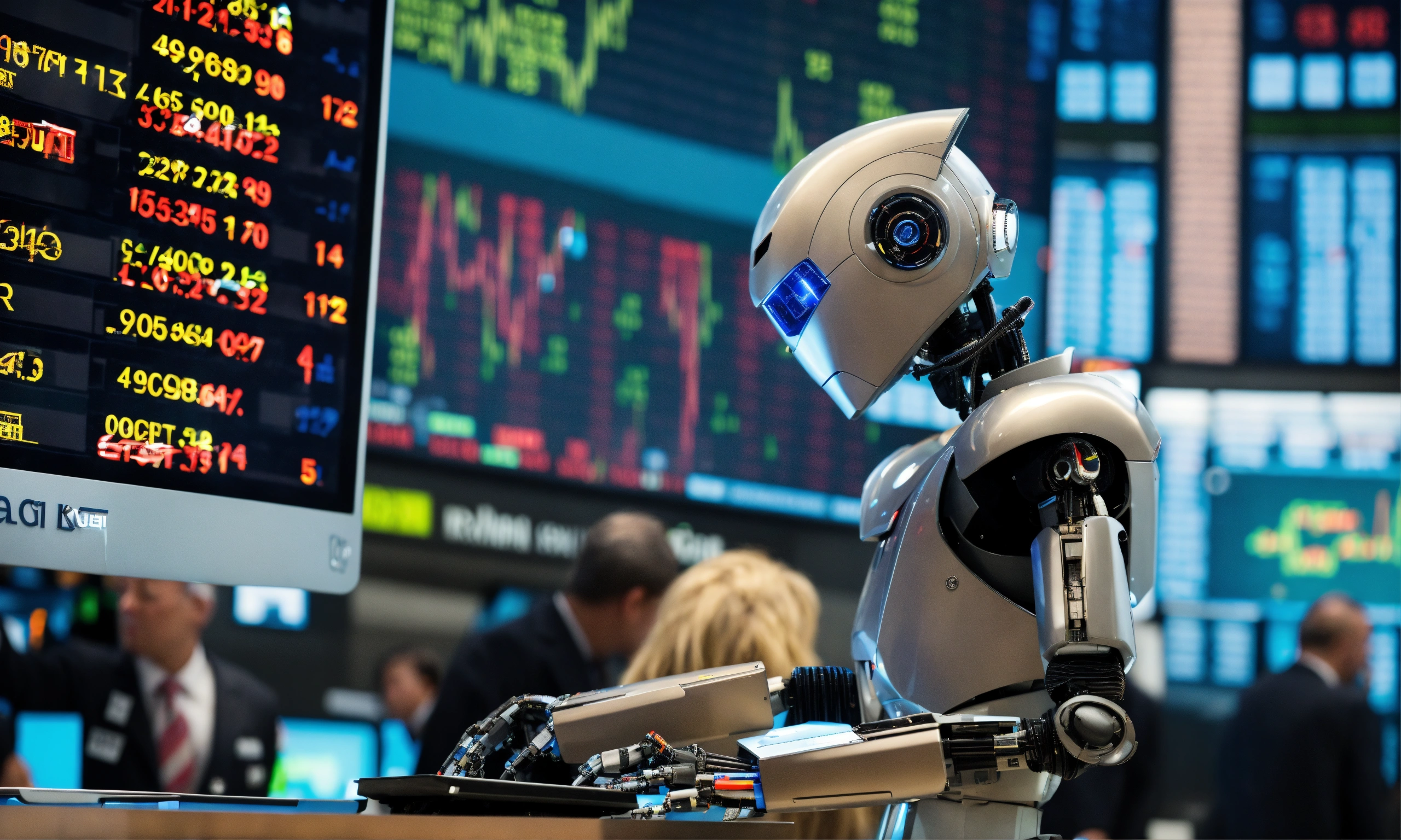 Lexica - A robot standing in front of a stock market exchange, with ...