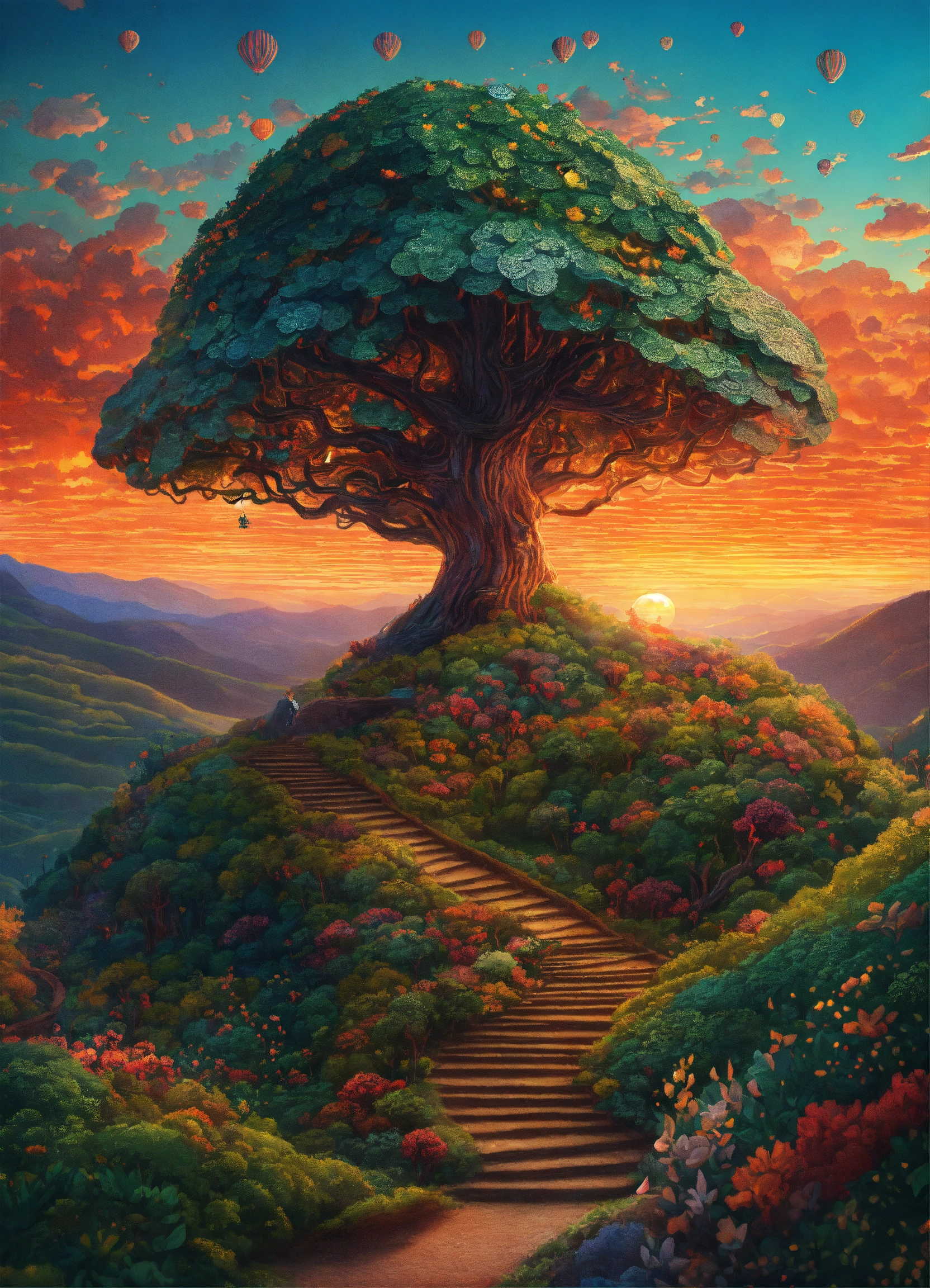 Lexica - Surreal giant tree on top of a hill, detailed, path up the ...