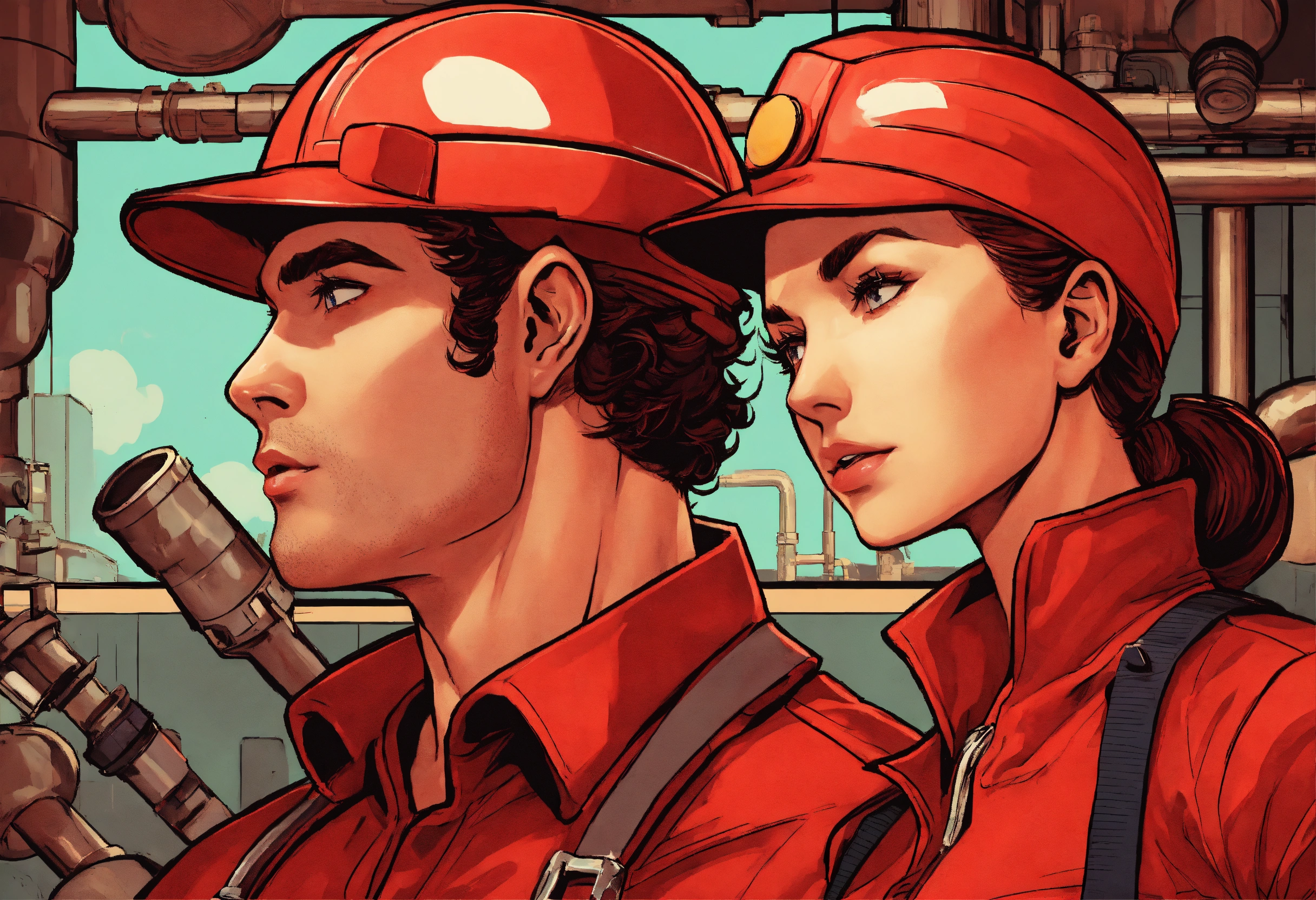 Lexica - Close up of two heroic plumber in a red outfit and red hard ...