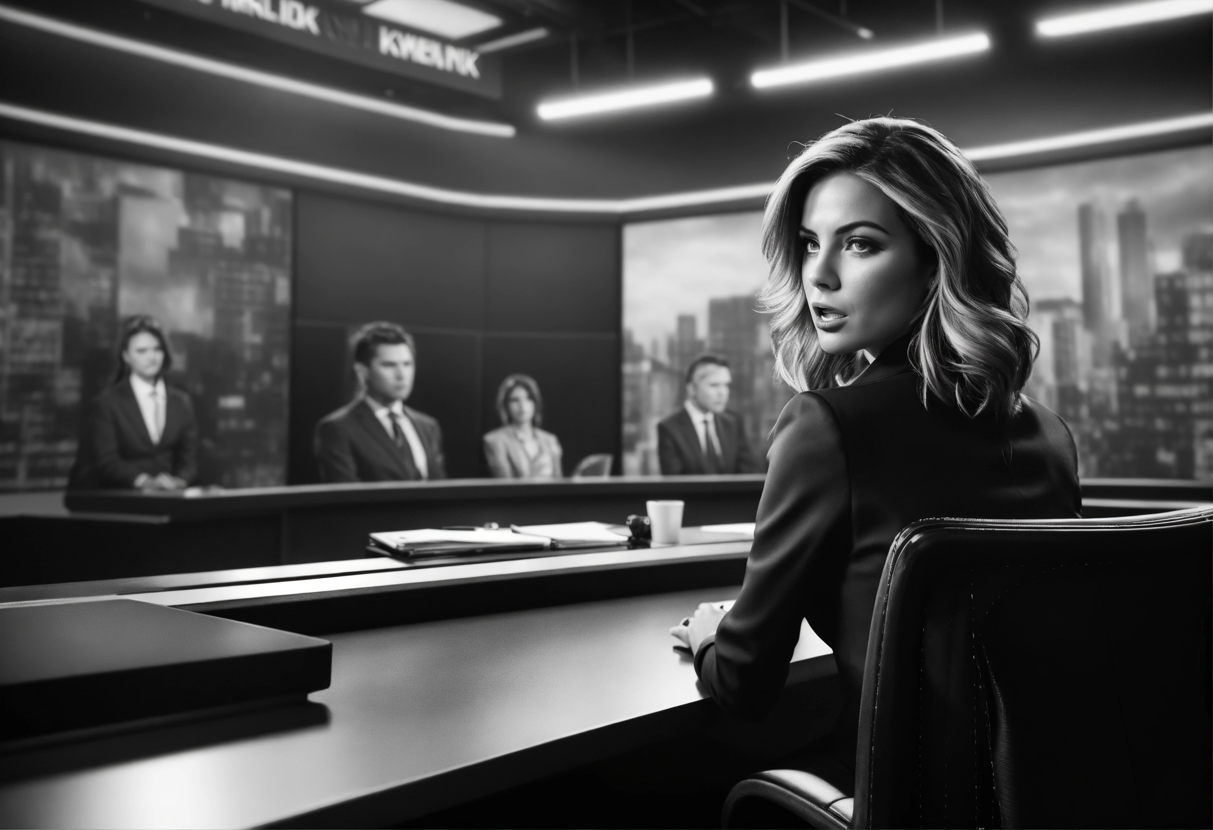 Lexica - Black and white illustration female news reporter, facing ...