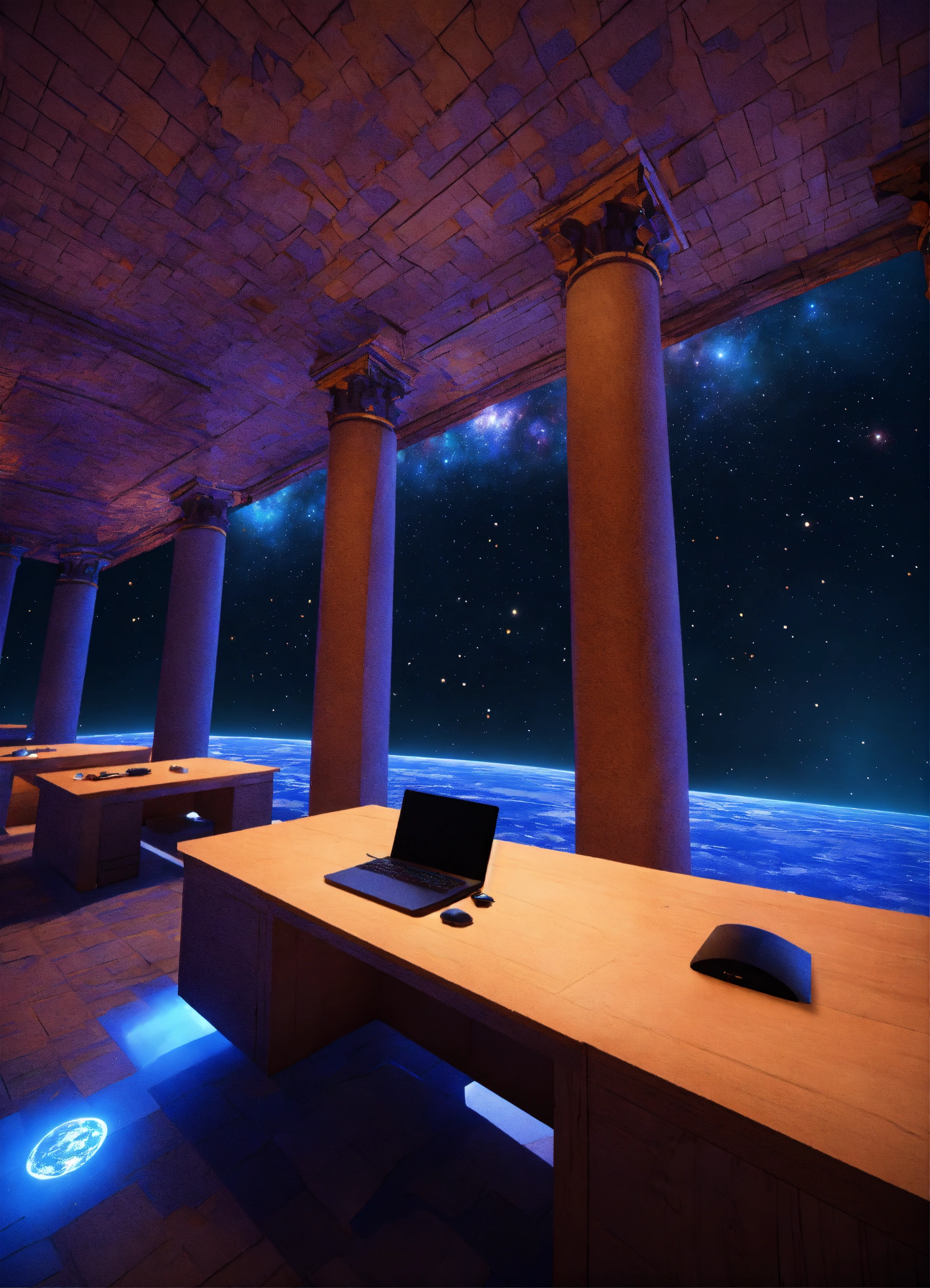 Lexica - Fish-eye perspective, starry sky, outer space, columns, desks ...