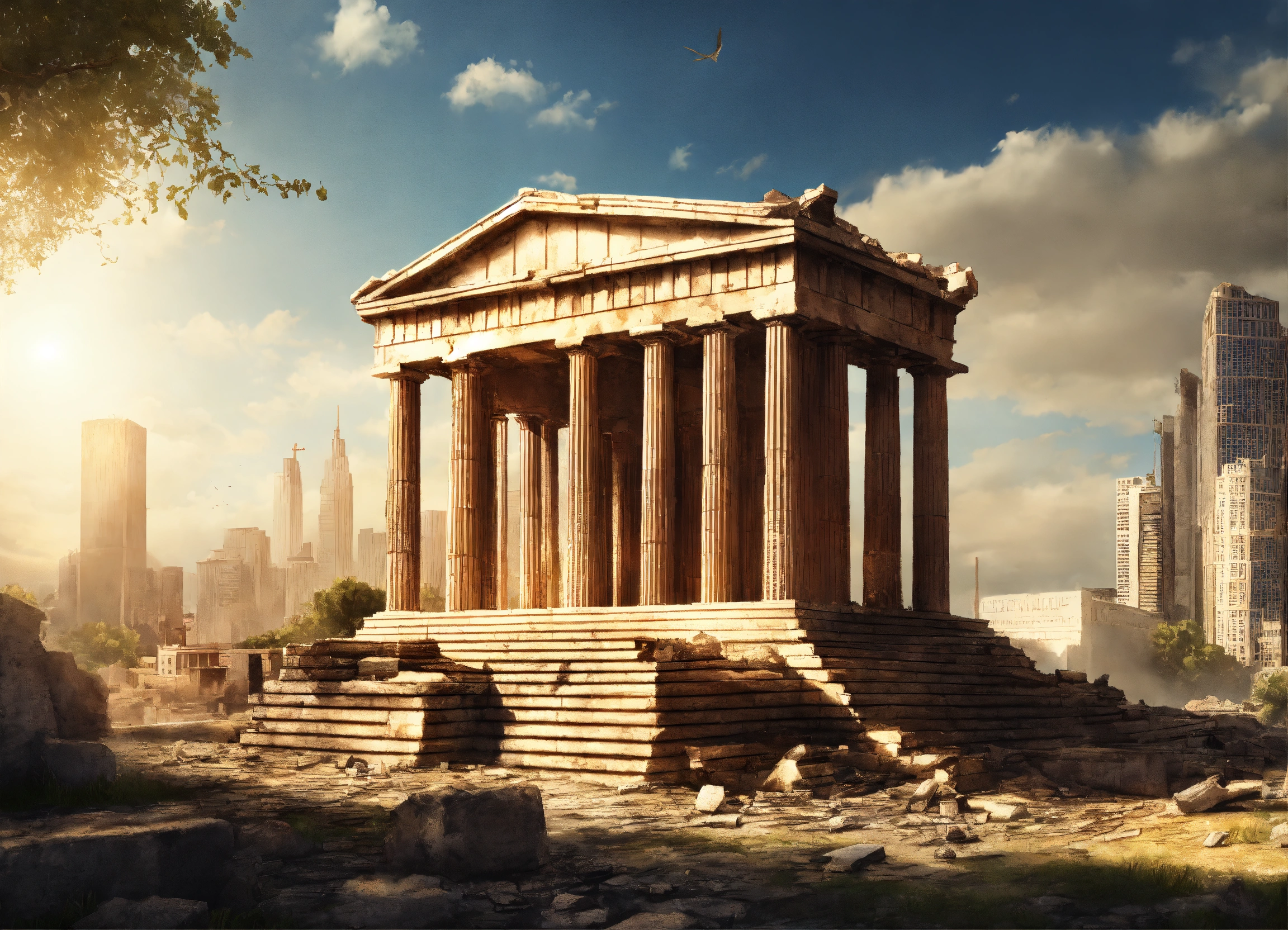 Lexica - Greek temple in ruin in the middle of a skyscrapers, realistic ...