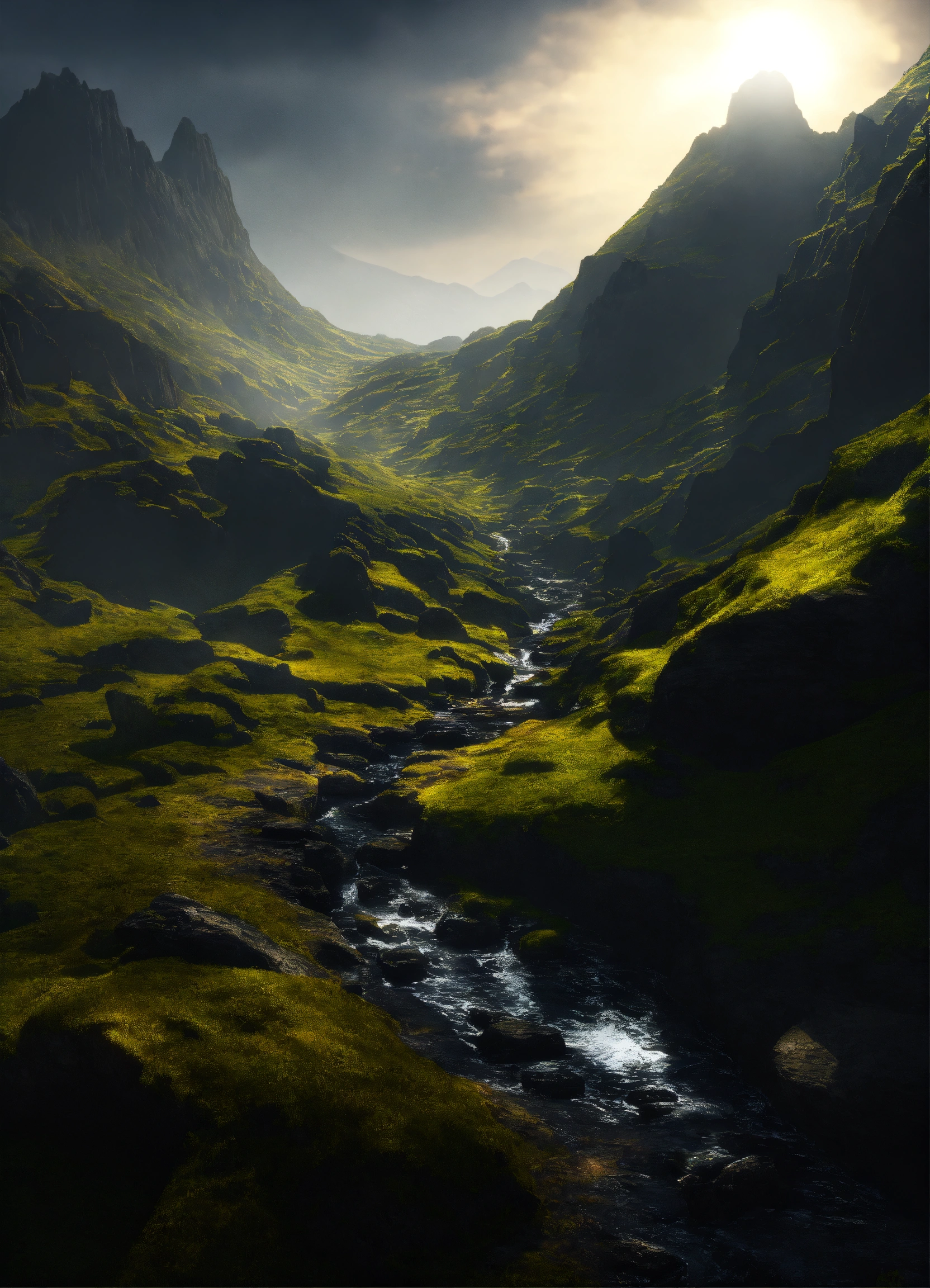 Lexica - A fantasy landscape of a shadows cascading over a hillside as ...