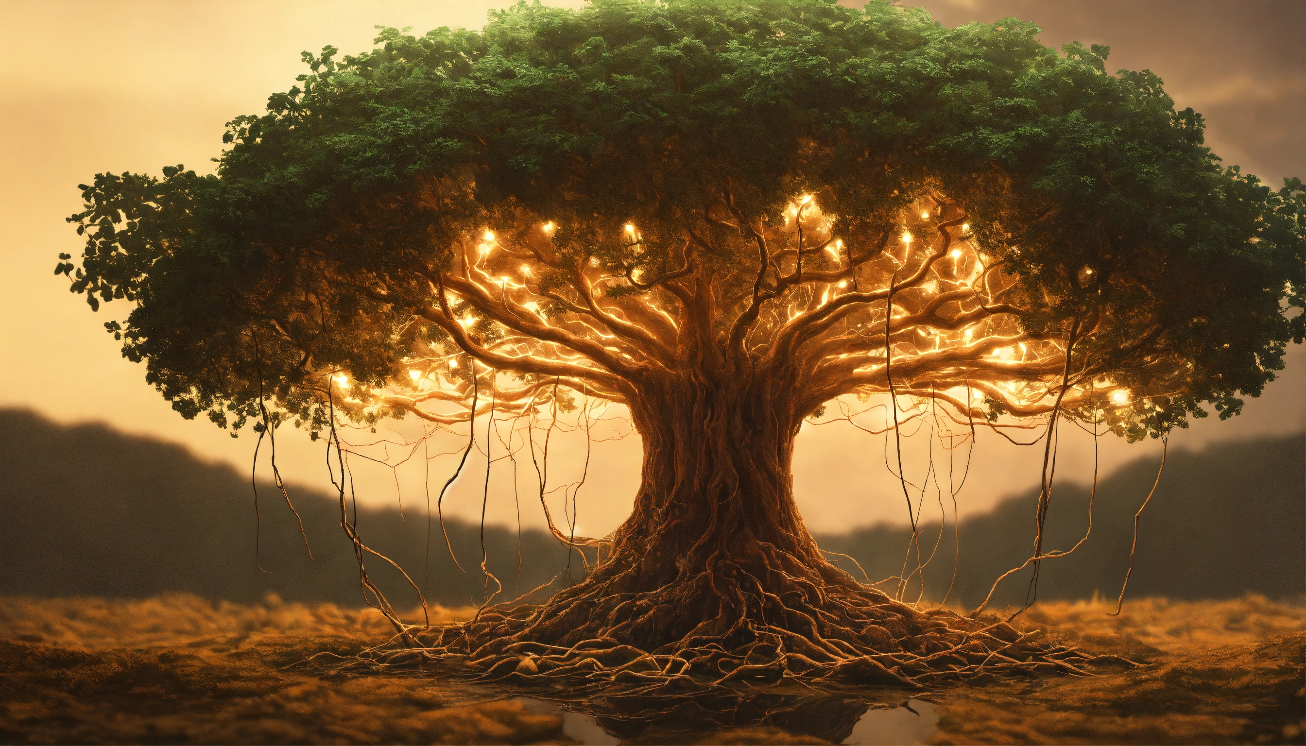 Lexica - Unrealistic tree roots made of electricity floating in the air ...