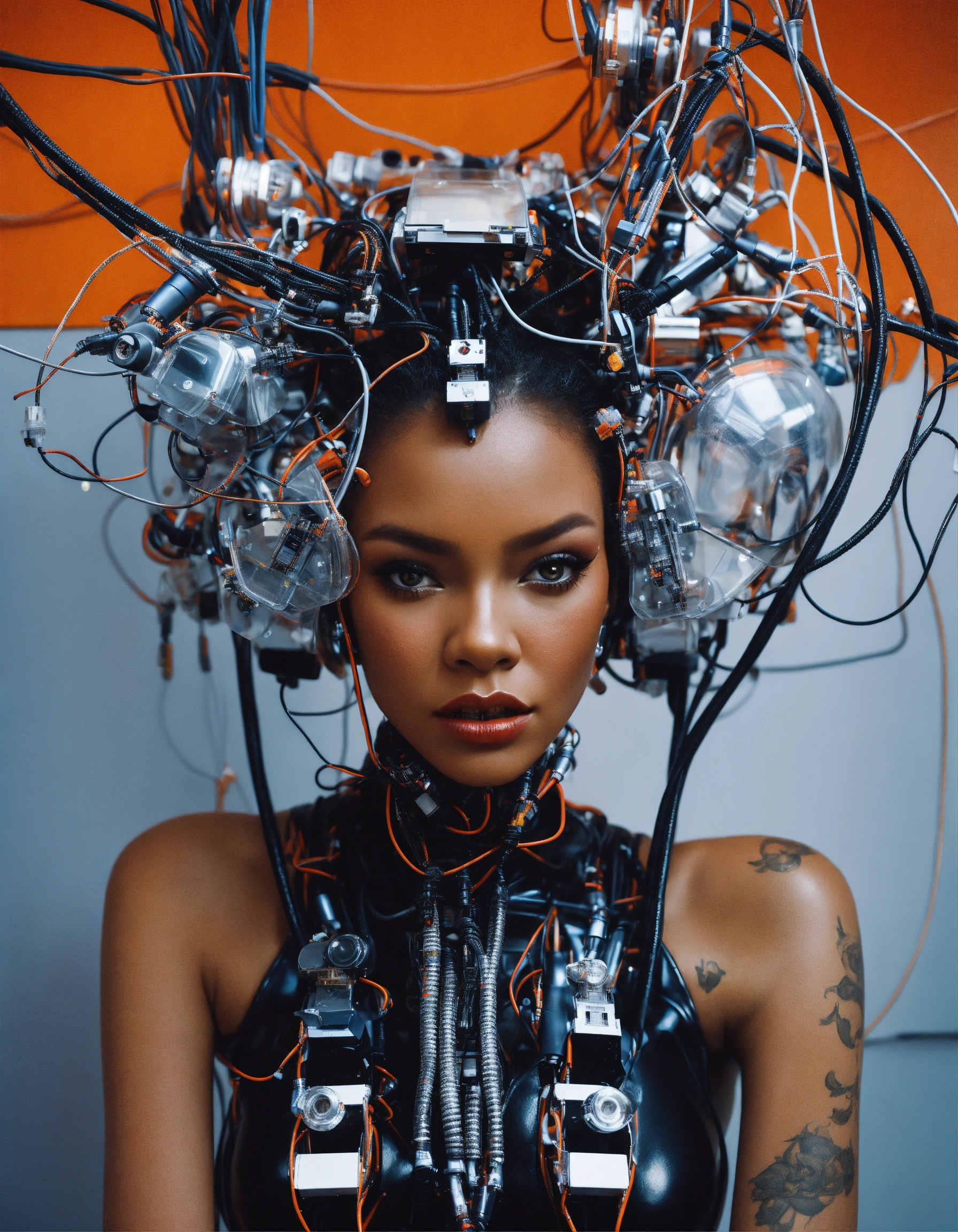 Lexica - Portrait Photography, in front of an orange wall, a black ...