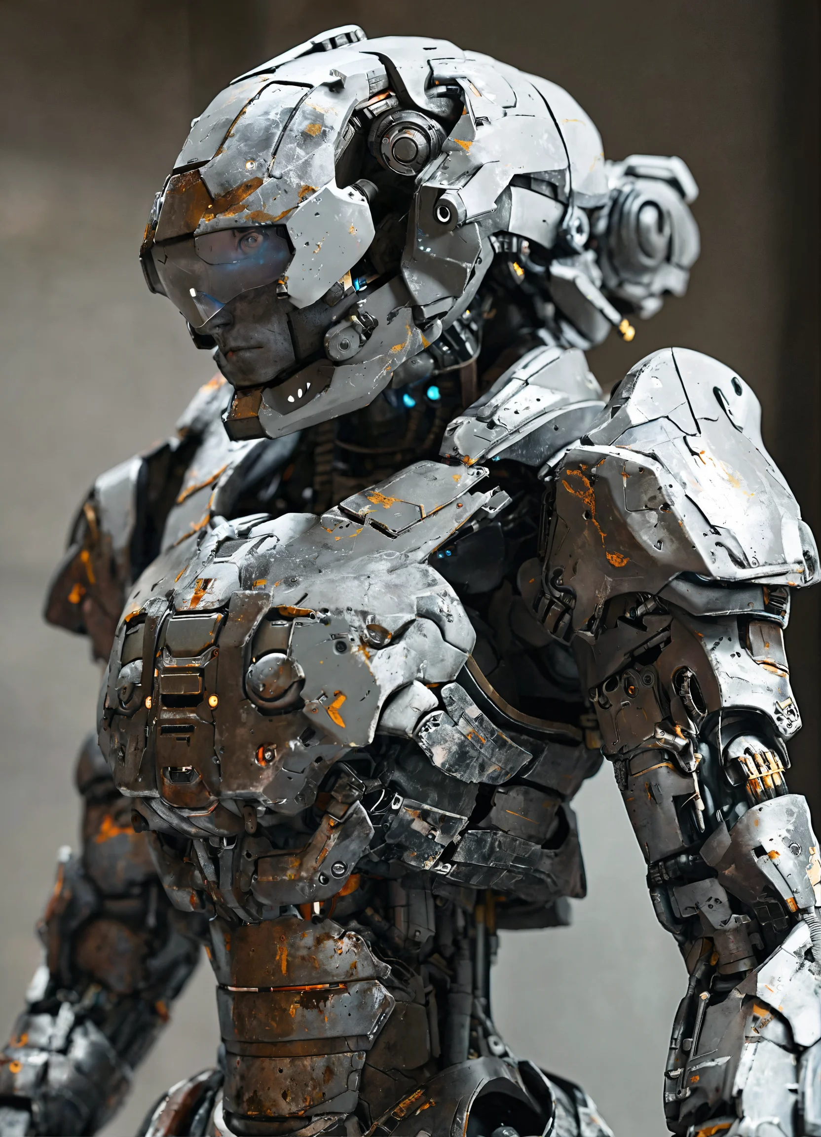 Lexica - Heavily augmented cyborg with weathered gray armor.