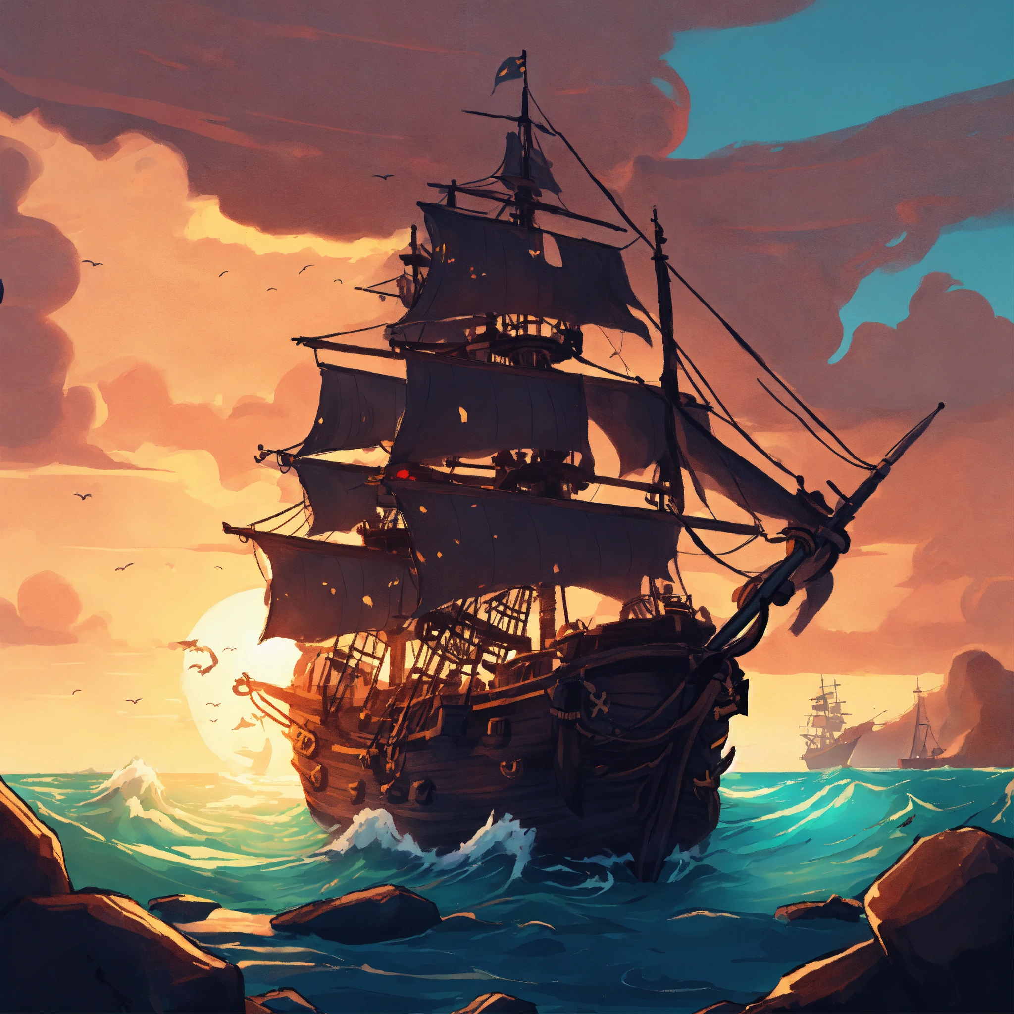 Lexica - Ocean and pirate ship in profile, detailed hand illustration ...