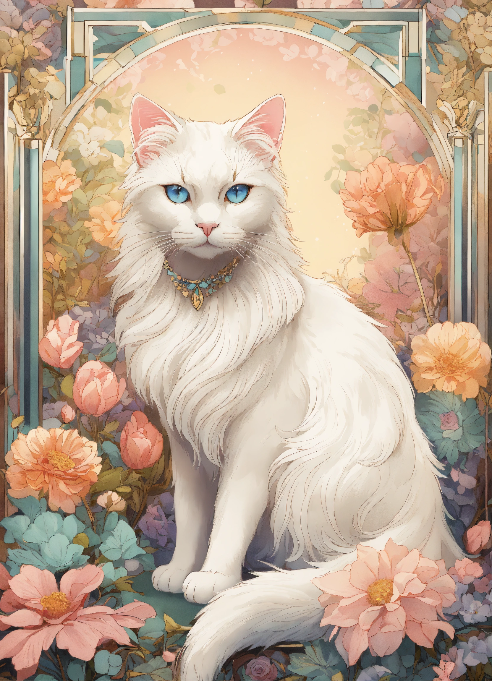 Lexica - Art Deco overwhelmingly beautiful fluffy white cat framed with ...