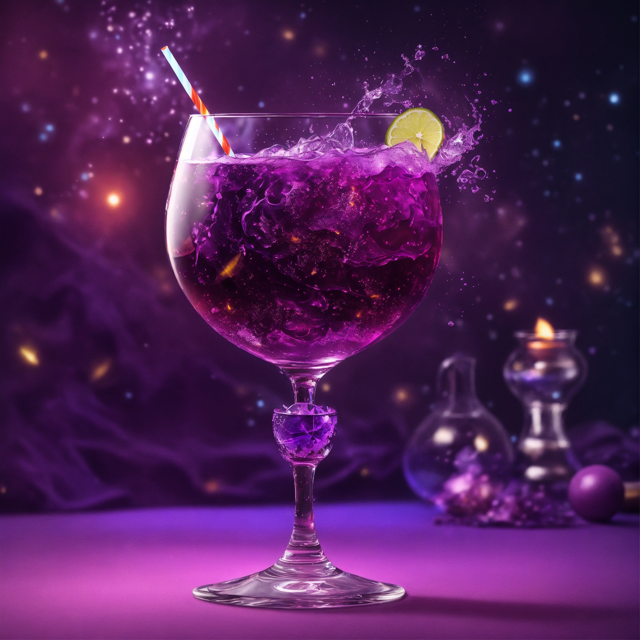 Lexica - Realistic magical vibrant purple wizard drink in a glassware